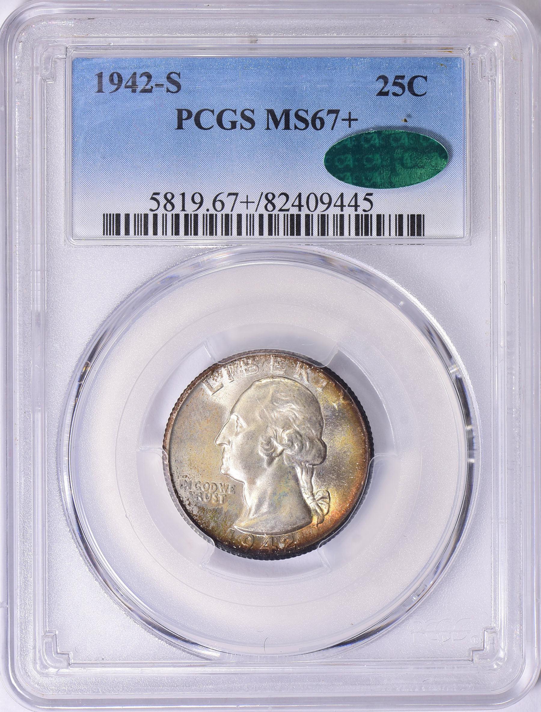 1942-S Washington Quarter PCGS MS-67+ (CAC Green) (Toned) (Item 1779255) | GreatCollections Coin ...