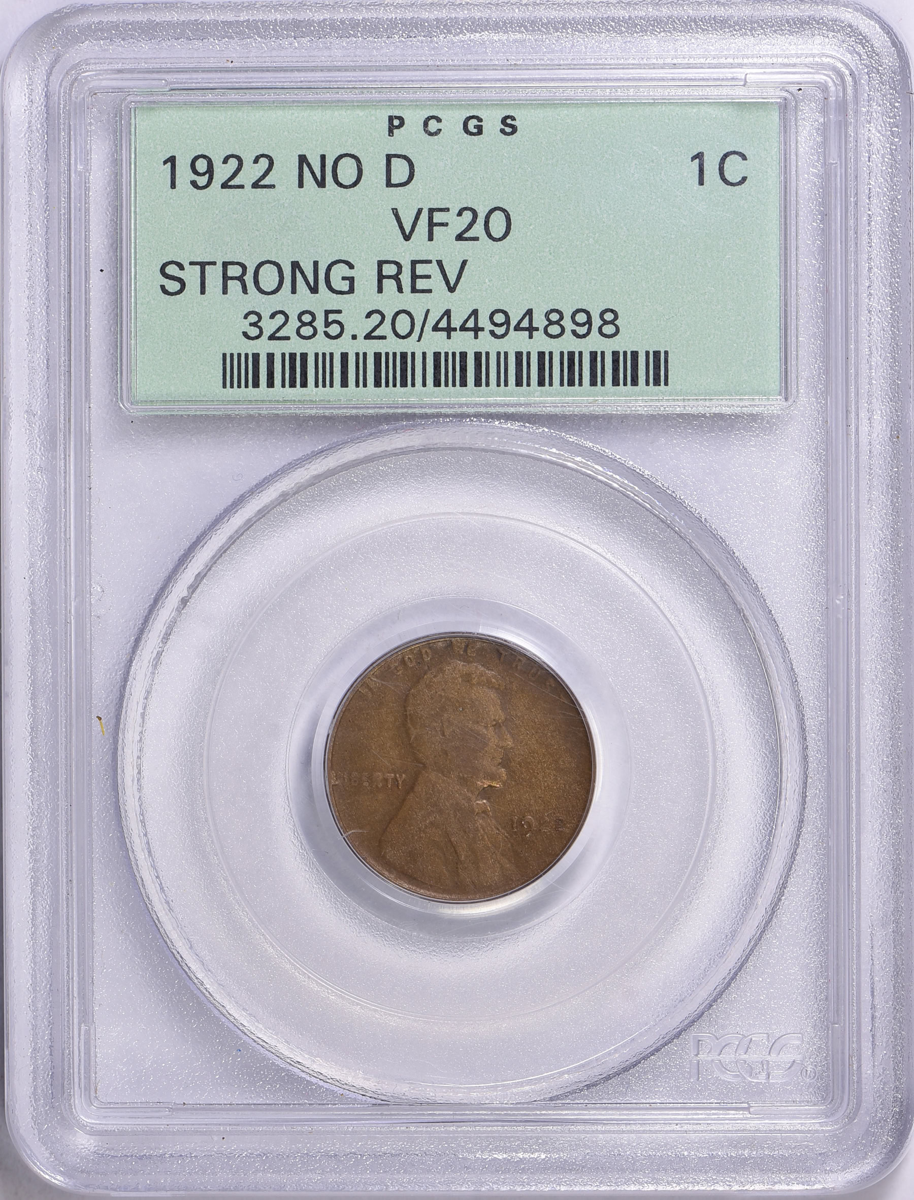 1922-No D Lincoln Cent Strong Reverse PCGS VF-20 BN OGH (Item 1779280) | GreatCollections Coin ...