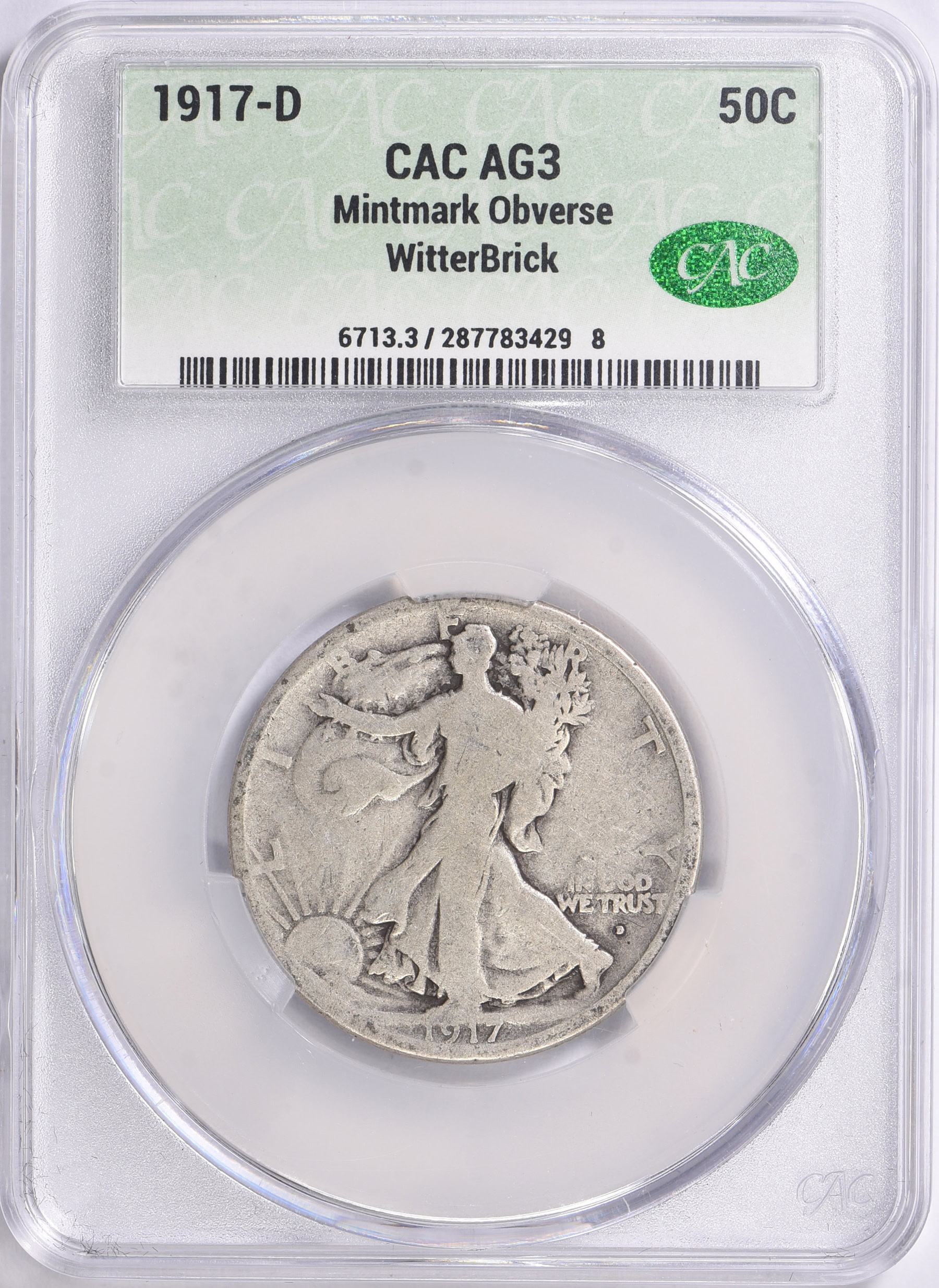 1917-D Walking Liberty Half Dollar Obverse Mintmark CACG AG-03 (WitterBrick, Signed Seth ...