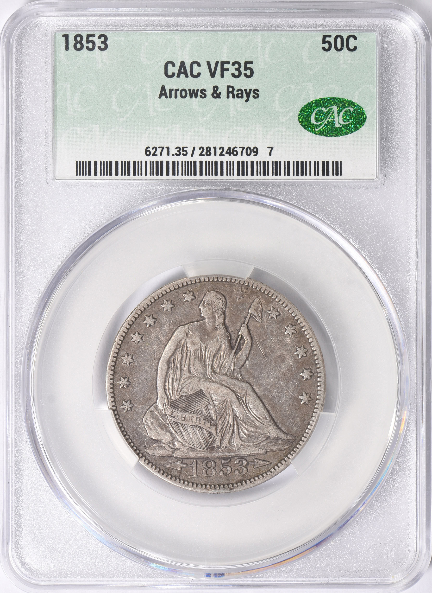 1853 Seated Liberty Half Dollar Arrows and Rays CACG VF-35 (Item 1779368) | GreatCollections ...