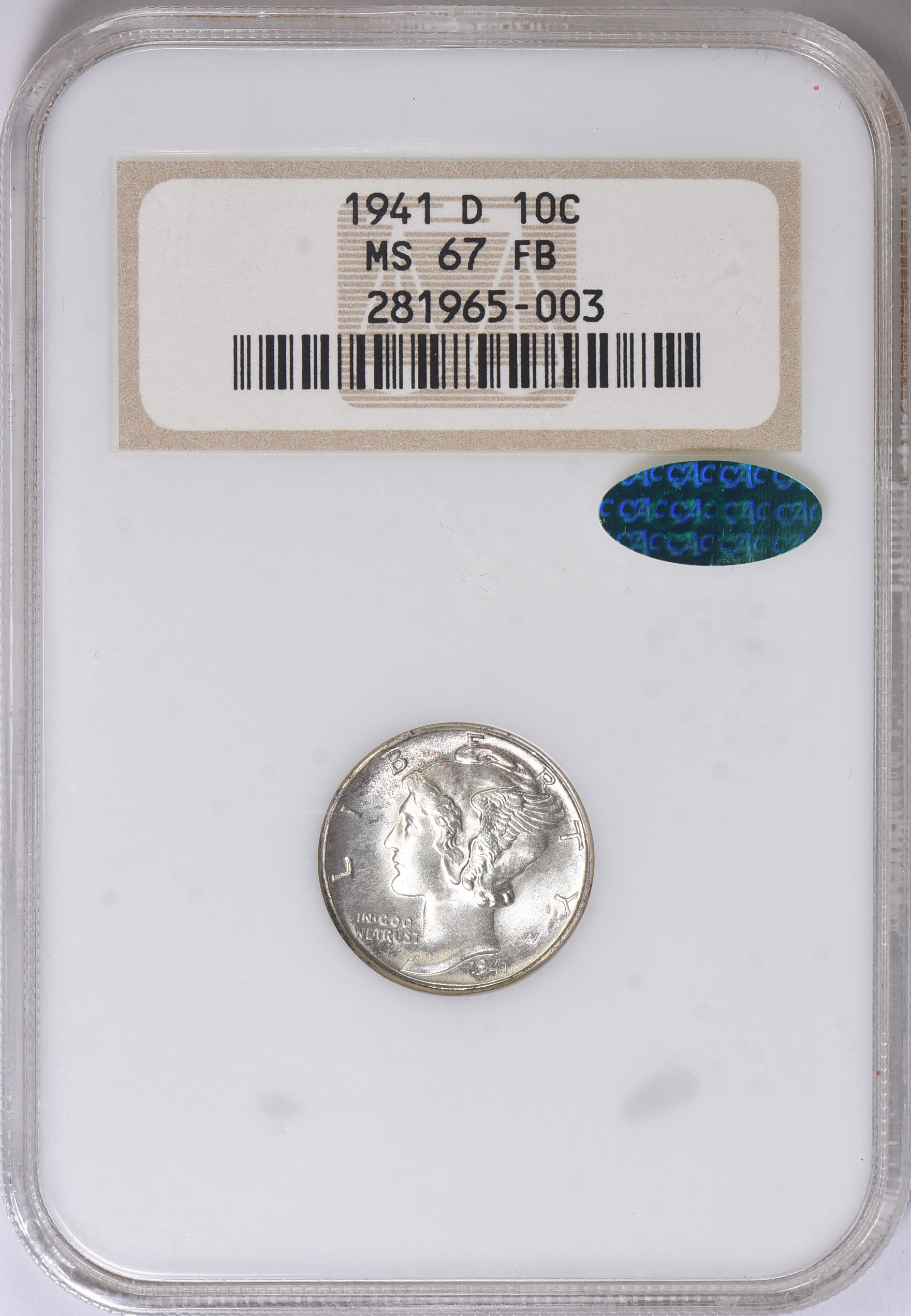 1941-D Mercury Dime NGC MS-67 FB (CAC Green) OH (Item 1779417) | GreatCollections Coin Auctions