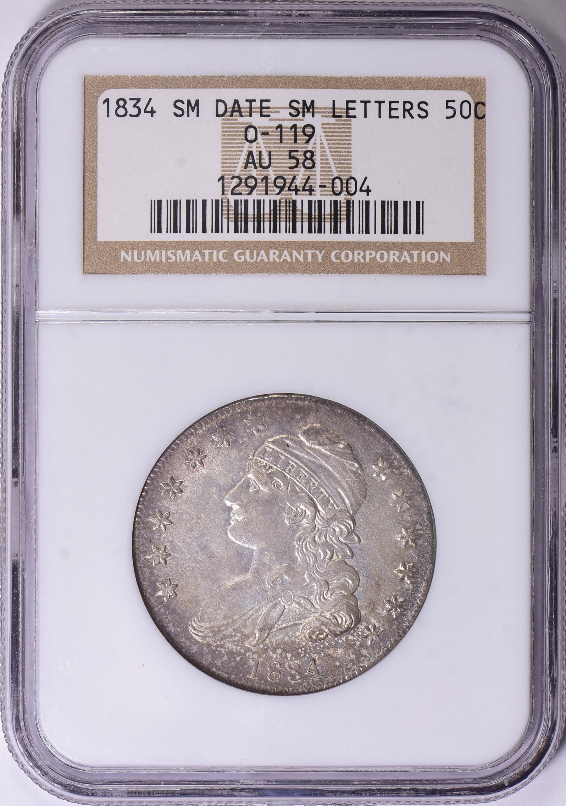 1834 Capped Bust Half Dollar Small Date, Small Letters Overton 119 NGC AU-58 (Item 1779559 ...