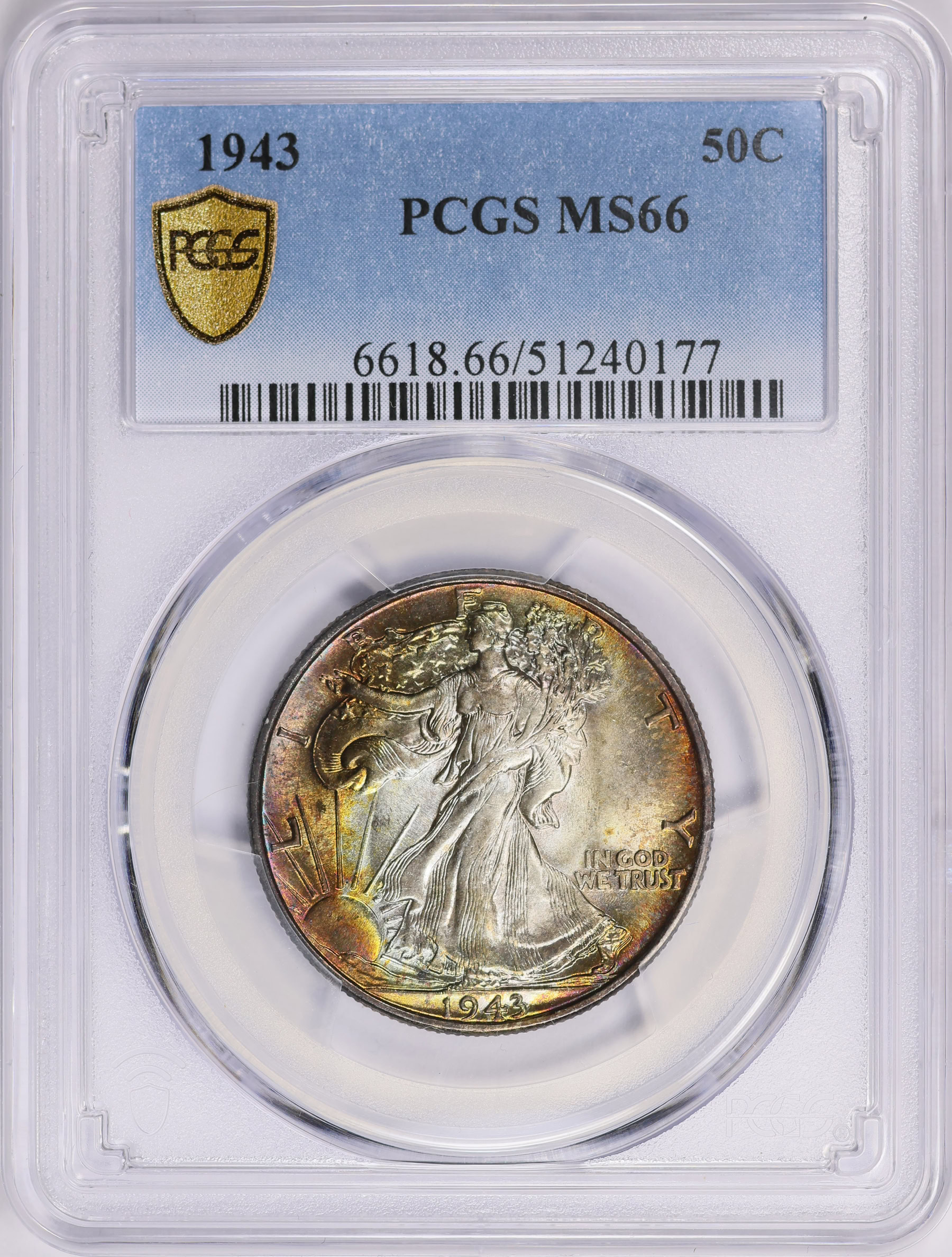 1943 Walking Liberty Half Dollar PCGS MS-66 (Toned) (Item 1779599) | GreatCollections Coin Auctions