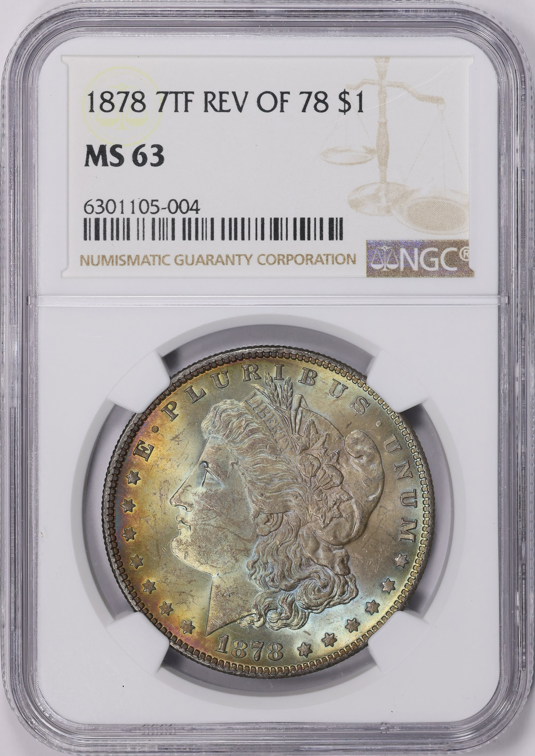 1878 Morgan Silver Dollar 7 Tailfeathers, Reverse of 1878 NGC MS-63 (Toned) (Item 1779639 ...