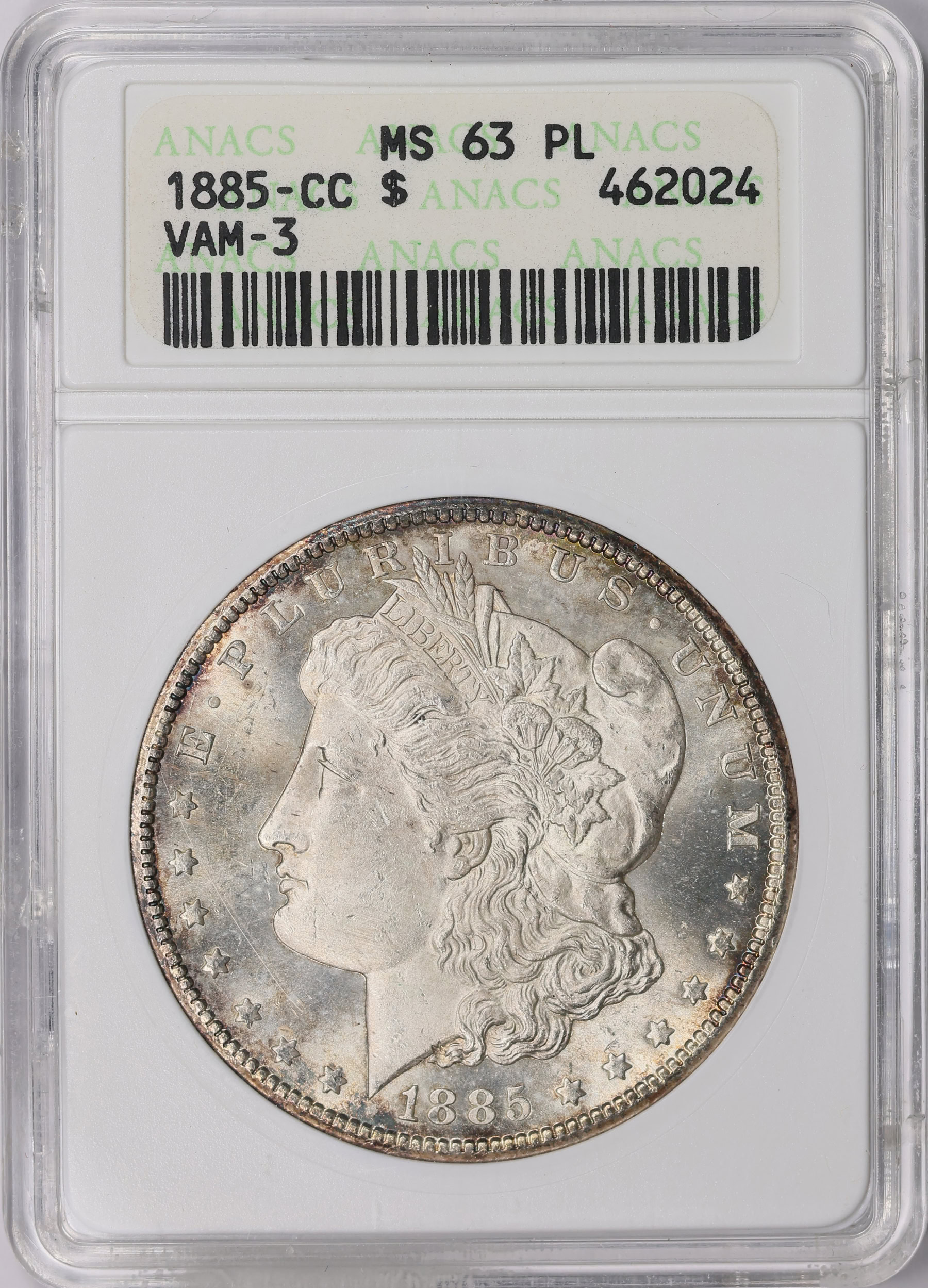 1885-CC Morgan Silver Dollar VAM-3 ANACS MS-63 PL OH (Toned) (Item 1779641) | GreatCollections ...