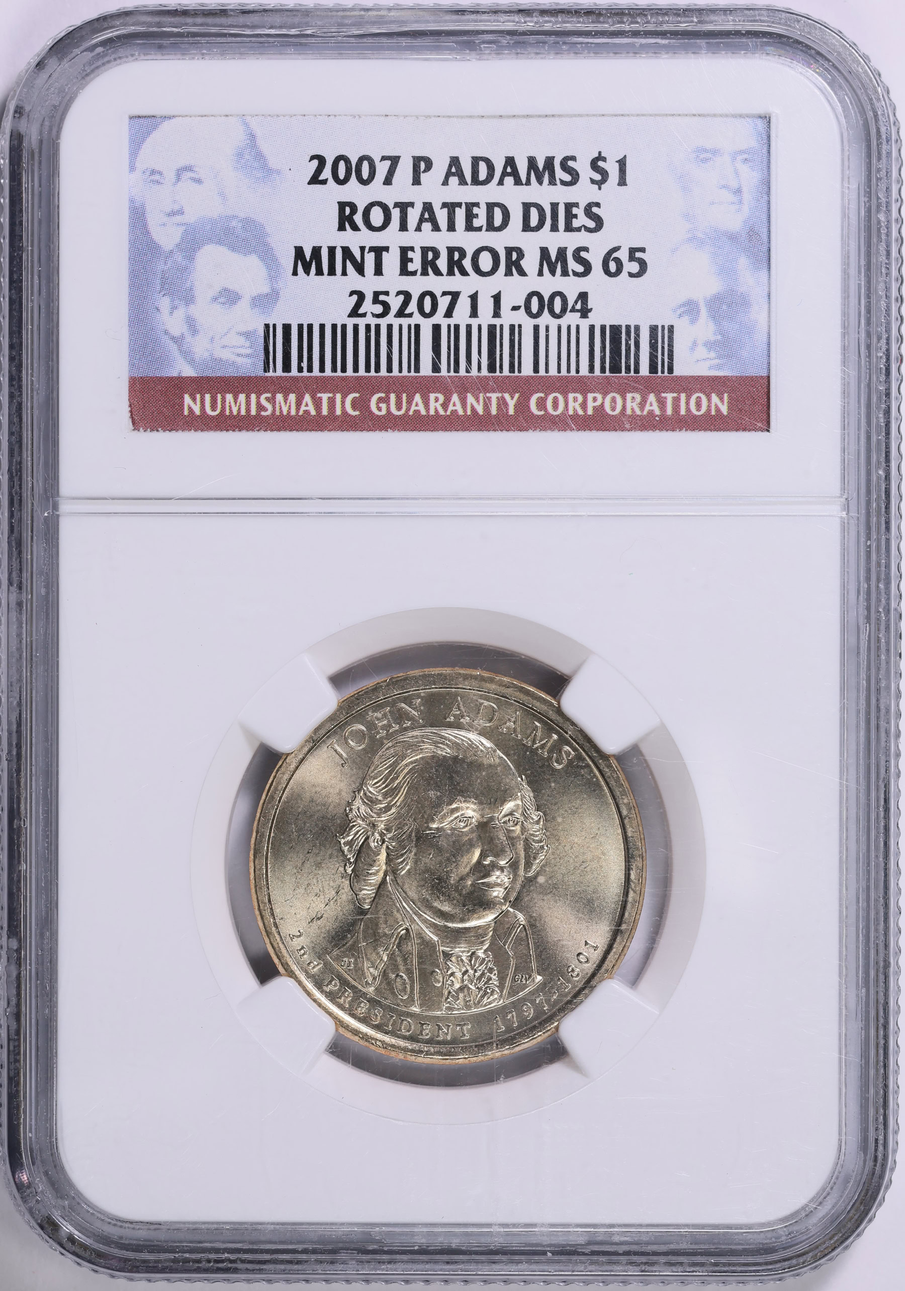 Mint Error 2007-P Presidential Dollar John Adams Rotated Dies NGC MS-65 ...