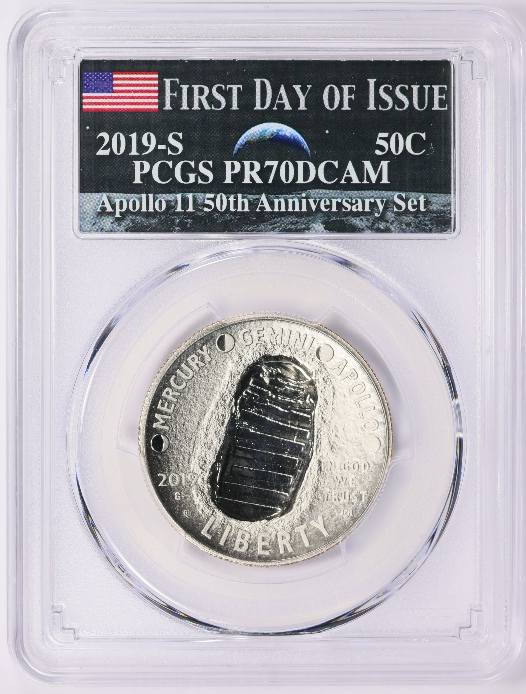 2019-S Apollo 11 Half Dollar 50th Anniversary First Day of Issue PCGS Proof-70 DCAM (Item ...