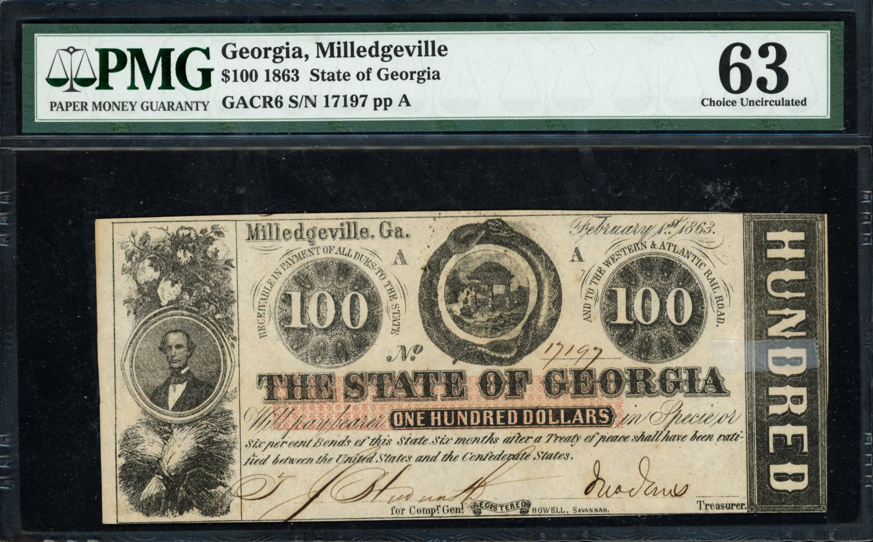 1863 Milledgeville, Georgia State of Georgia $100 Note PMG Choice ...