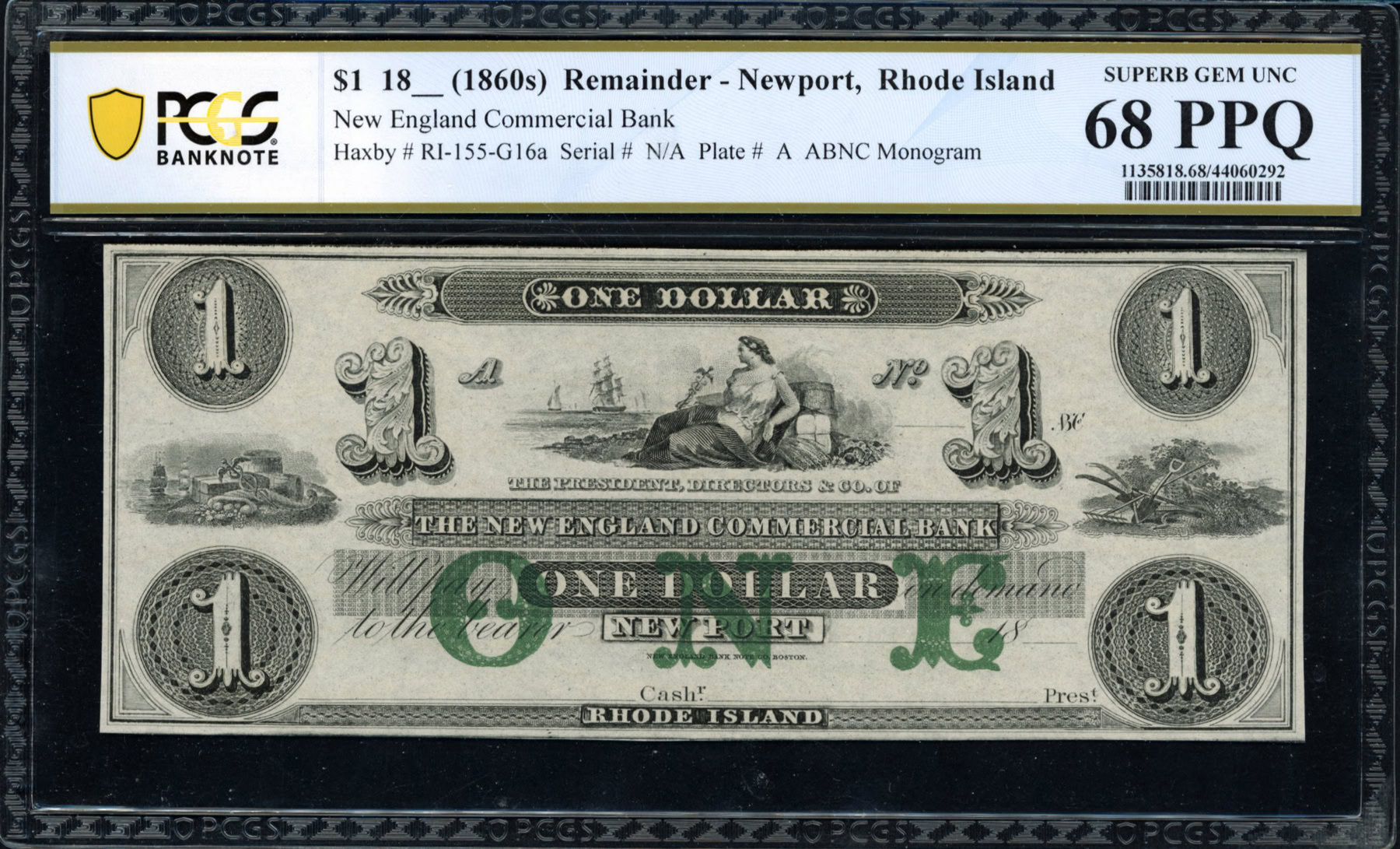 1860s Newport, Rhode Island New England Commercial Bank $1 Remainder ...