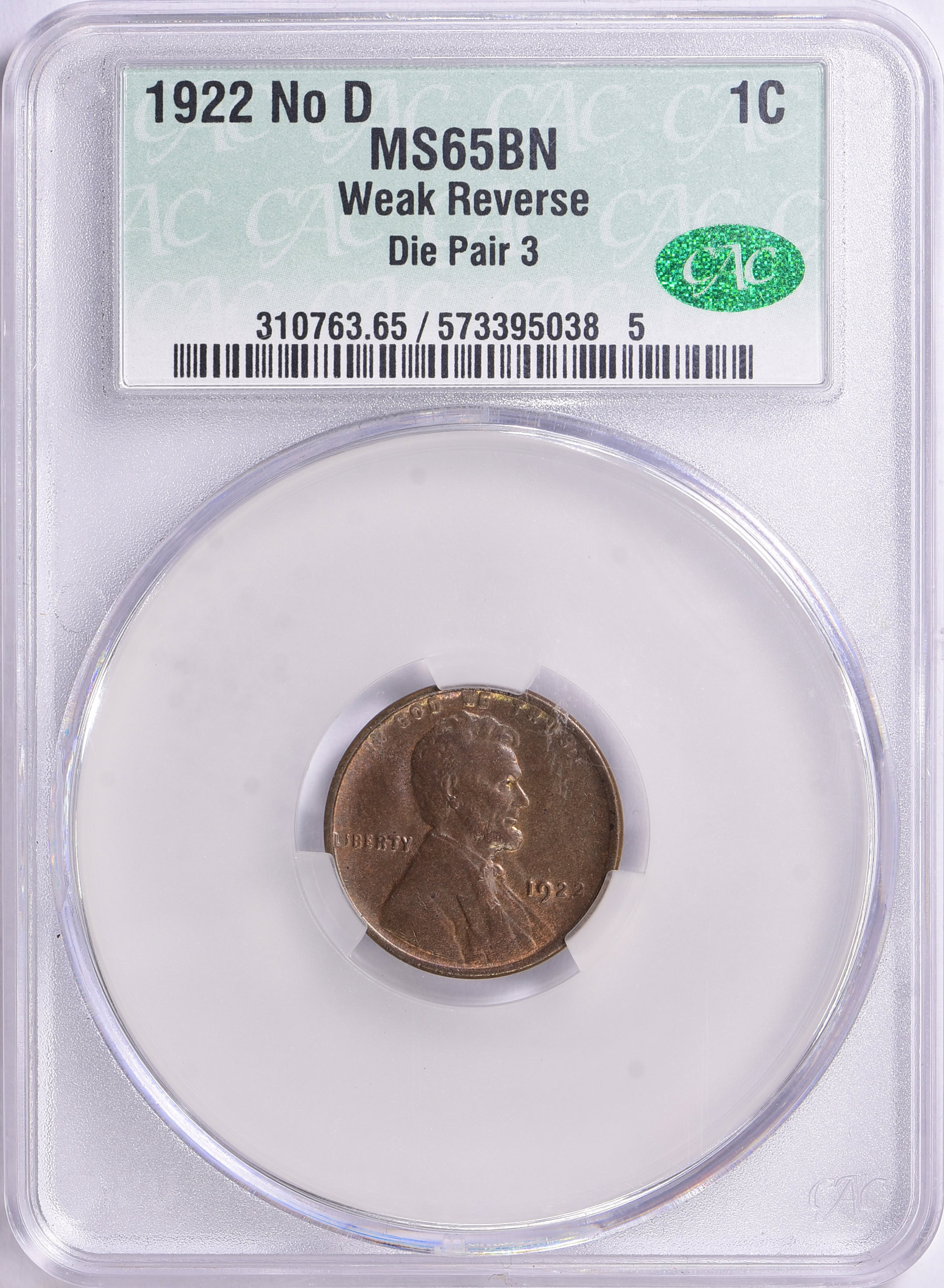 1922-No D Lincoln Cent Weak Reverse Die Pair 3 CACG MS-65 BN (Item ...