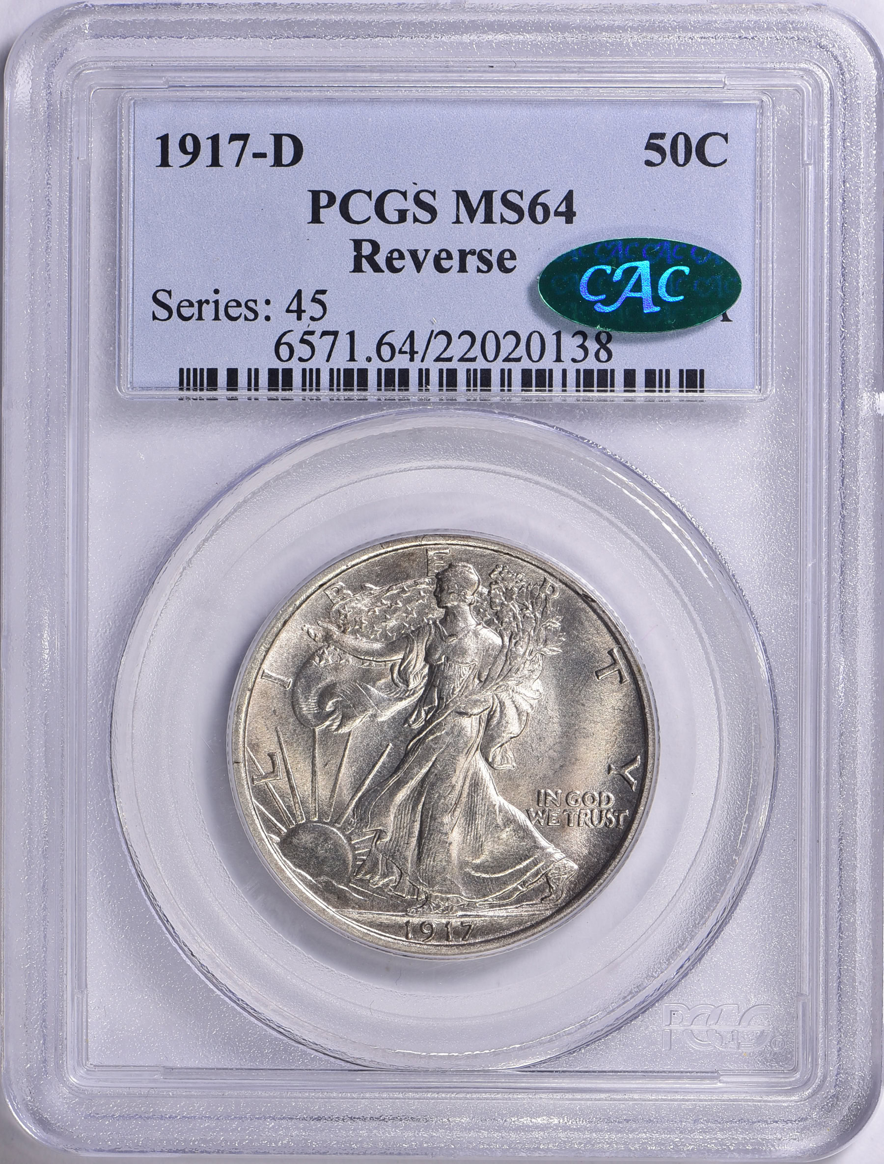 1917-D Walking Liberty Half Dollar Reverse Mintmark PCGS MS-64 (CAC Green) (Item 1780133 ...