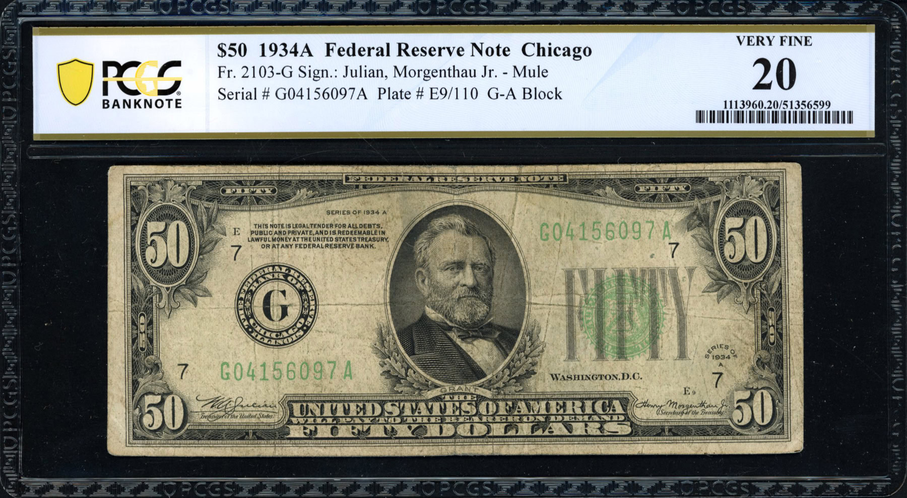 Fr. 2103-Gm (GA Block) 1934A $50 Chicago Federal Reserve Mule Note ...