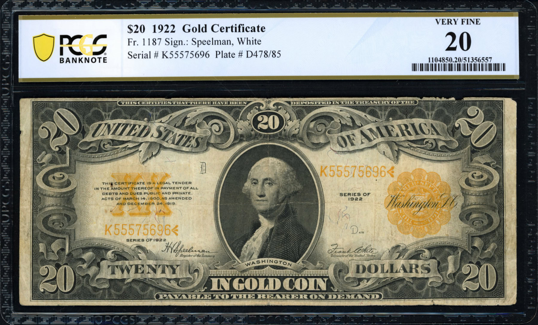Fr. 1187 1922 $20 Gold Certificate Note Speelman / White PCGS Banknote ...