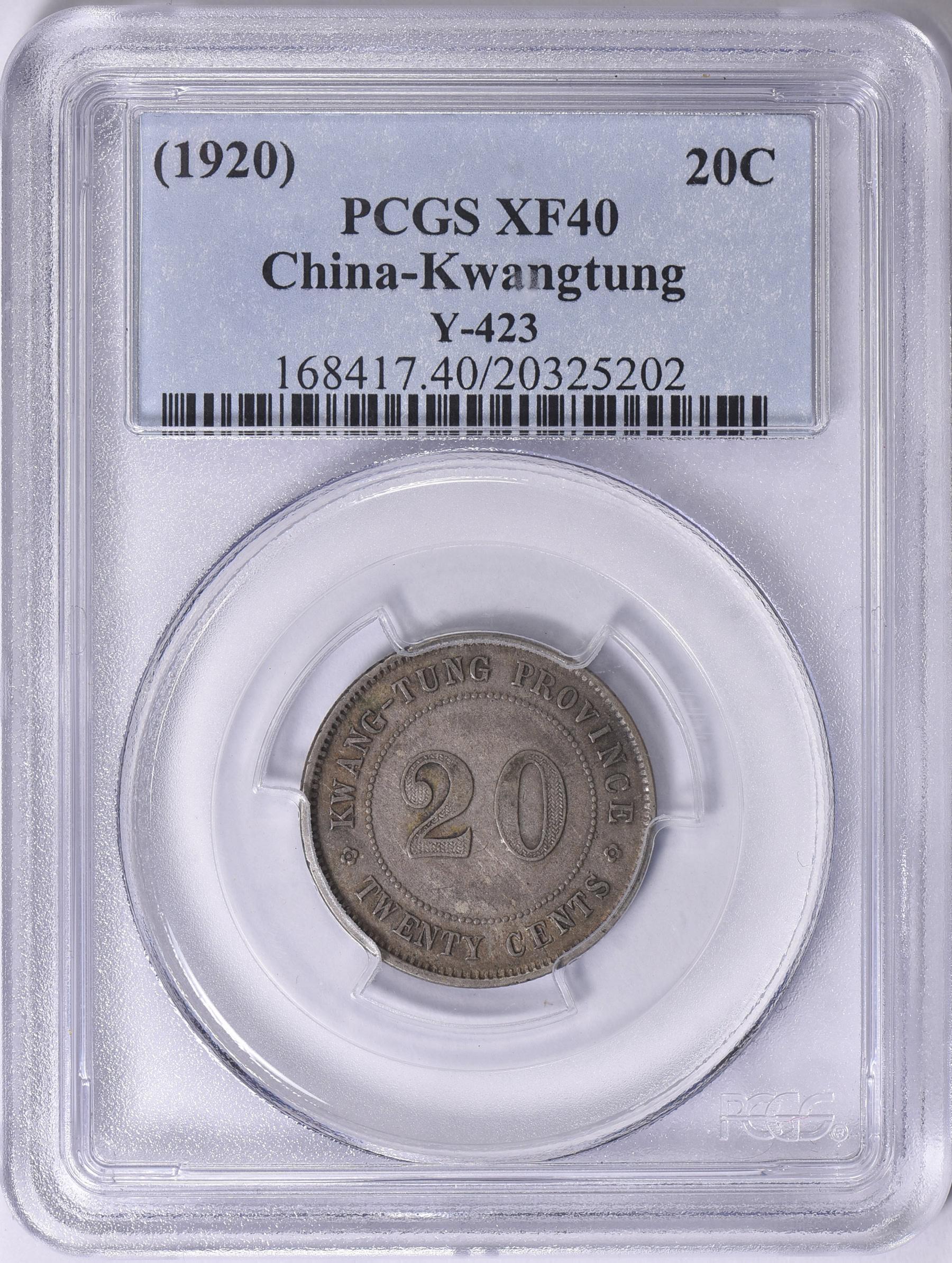 China - Kwangtung Province Year 9 (1920) Silver 20 Cents Y-423 PCGS XF-40 (Item 1780192 ...