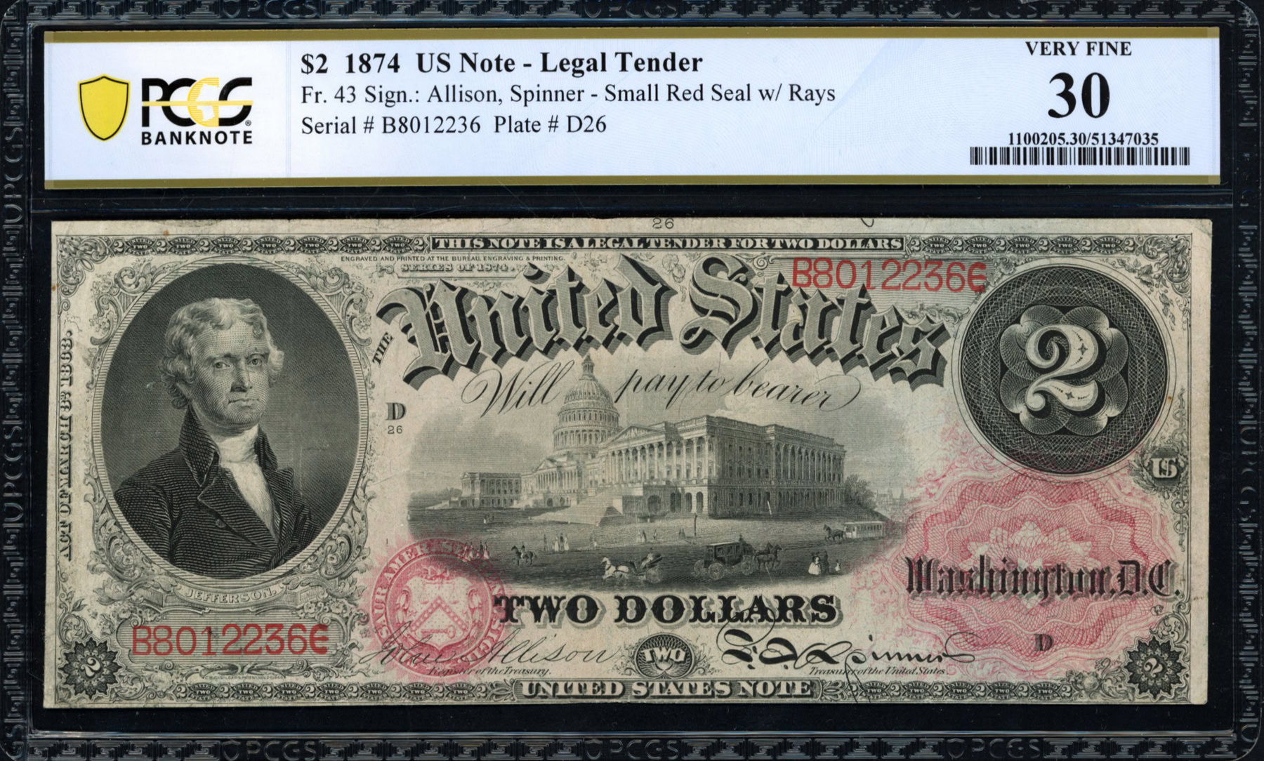 Fr. 43 1874 $2 Legal Tender Note Allison / Spinner PCGS Banknote Very ...