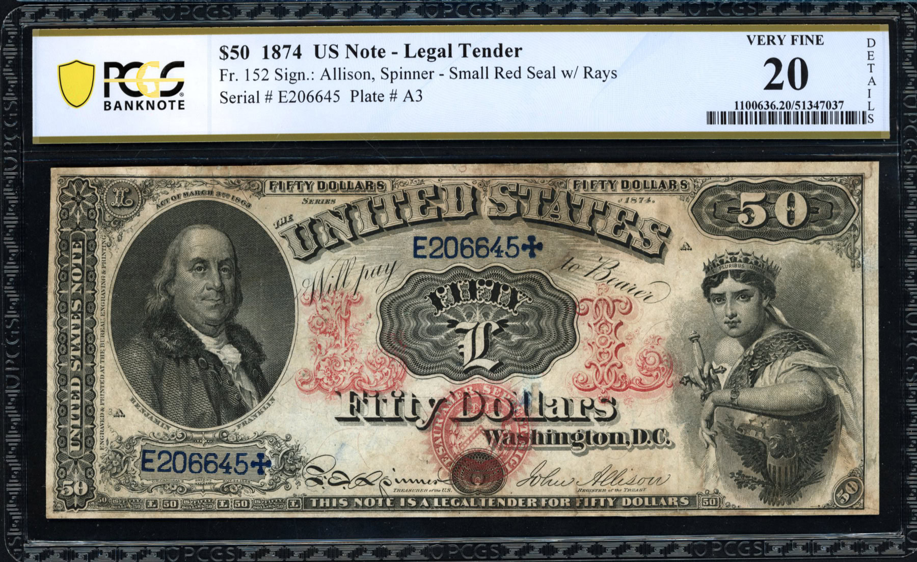 Fr. 152 1874 $50 Legal Tender Note Allison / Spinner PCGS Banknote Very ...