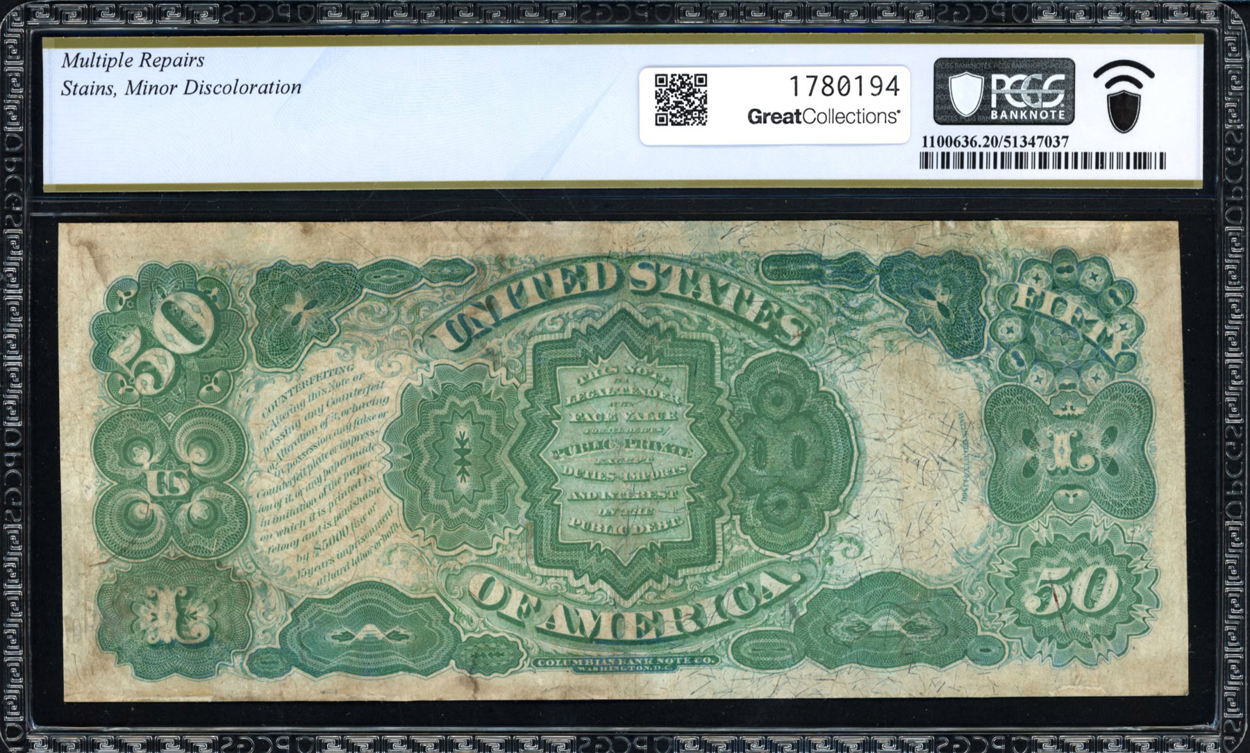 Fr. 152 1874 $50 Legal Tender Note Allison / Spinner PCGS Banknote Very ...