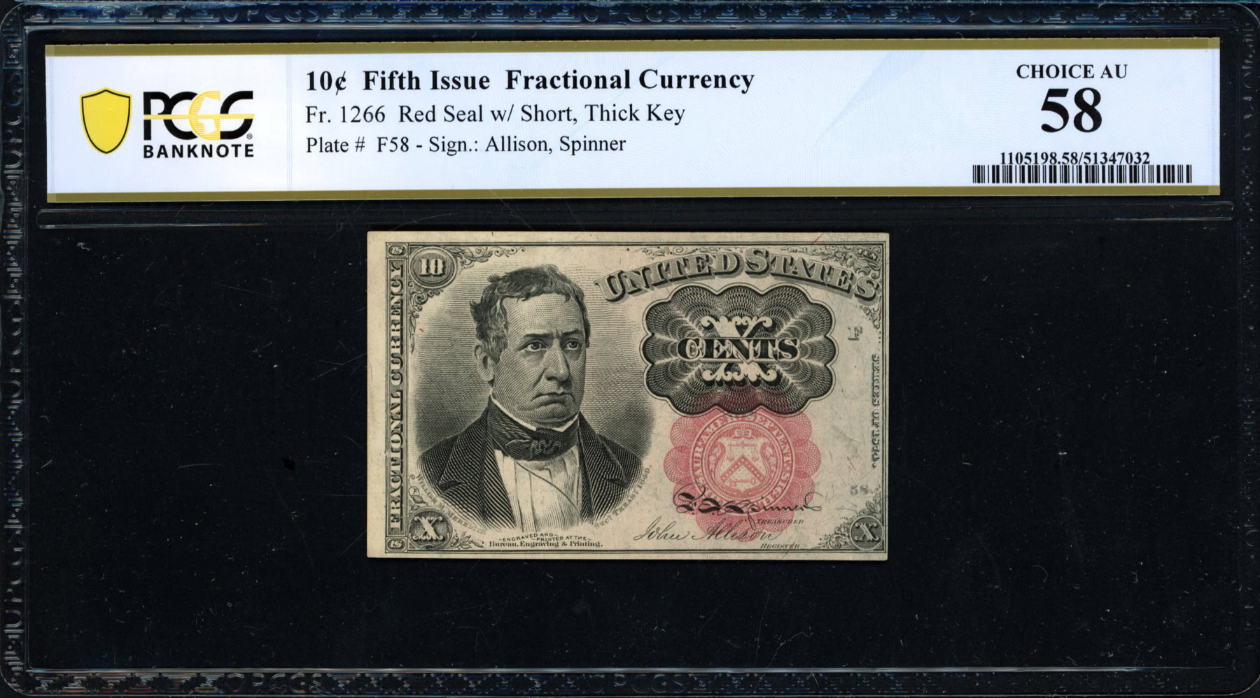 Fr. 1266 Fifth Issue 10 Cents Fractional Currency Note Allison ...