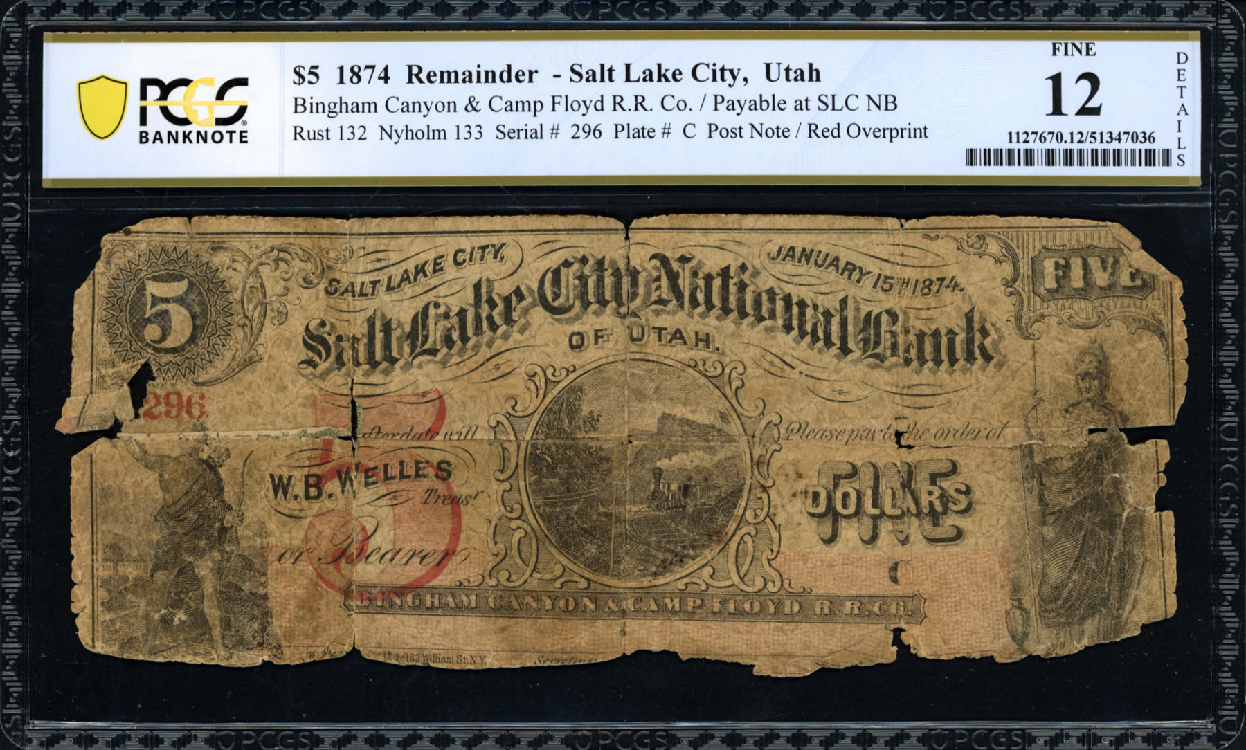 1874 Salt Lake City, Utah Bingham Canyon & Camp Floyd R.R. Co. $5 Note ...