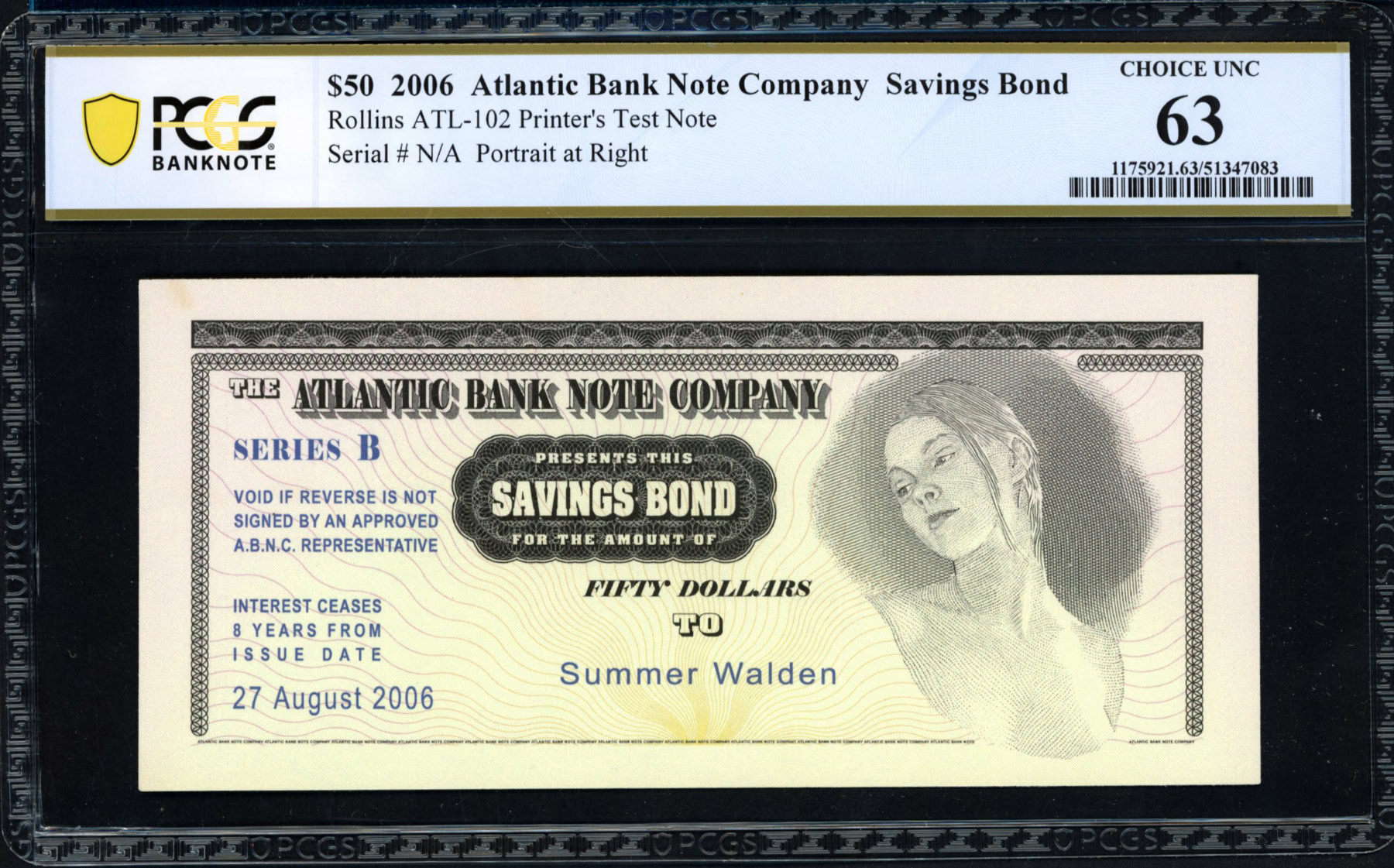 2006 Atlantic Bank Note Company $50 Savings Bond Printers Test Note ...
