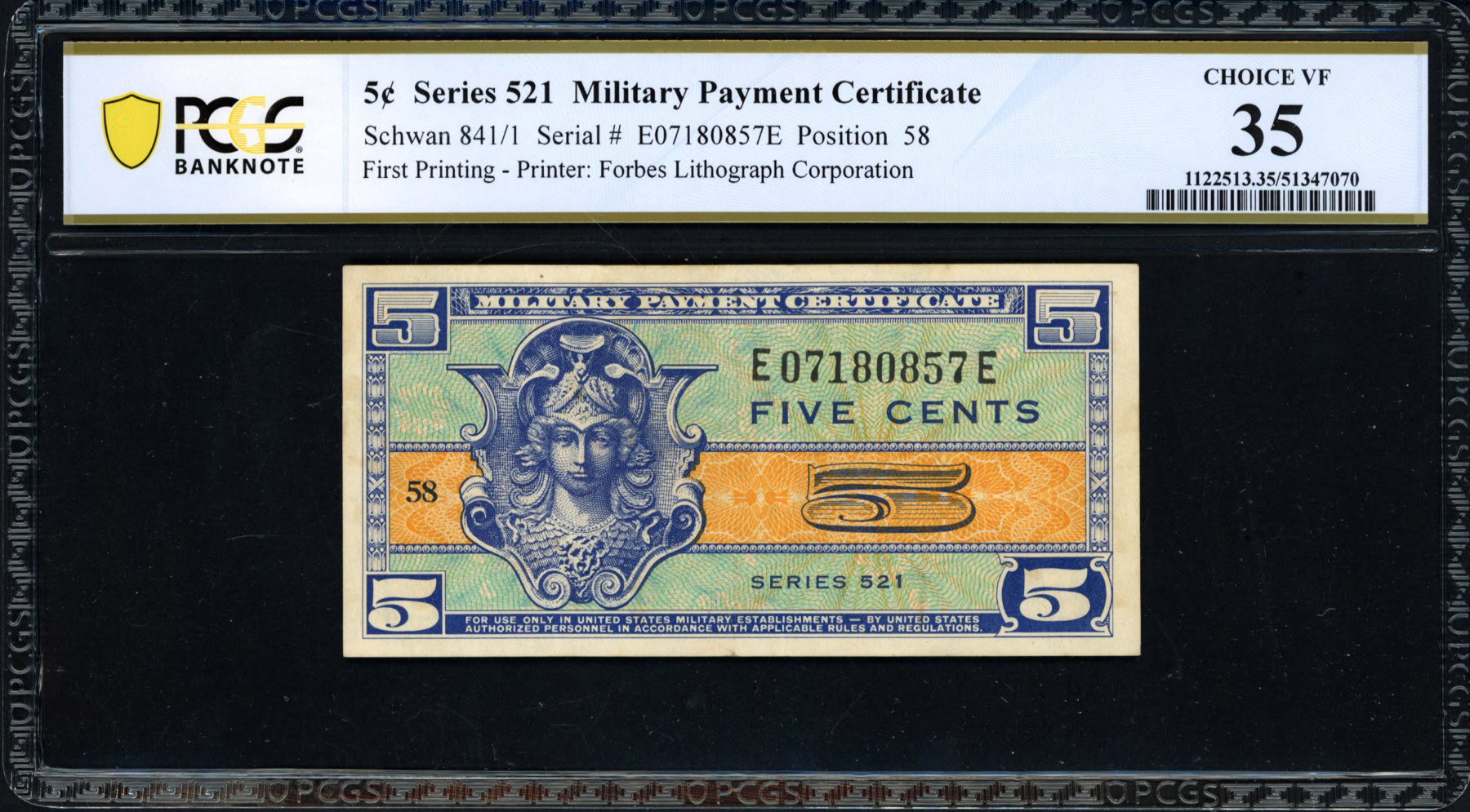 Series 521 5 Cents Military Payment Certificate Note First Printing ...