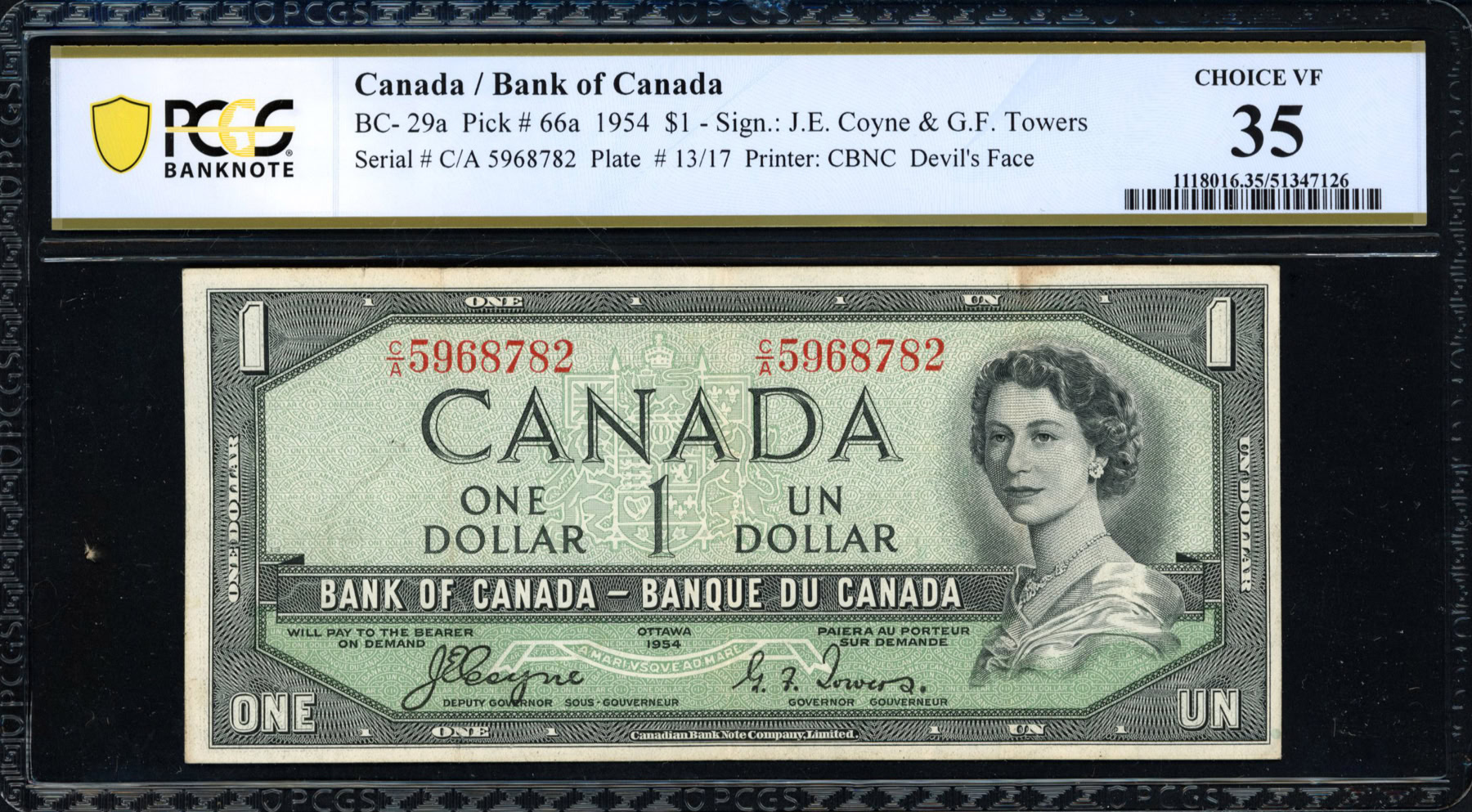 Canada 1954 $1 Bank of Canada Note Devil's Face BC-29a Coyne / Towers PCGS Banknote Choice VF 35 ...