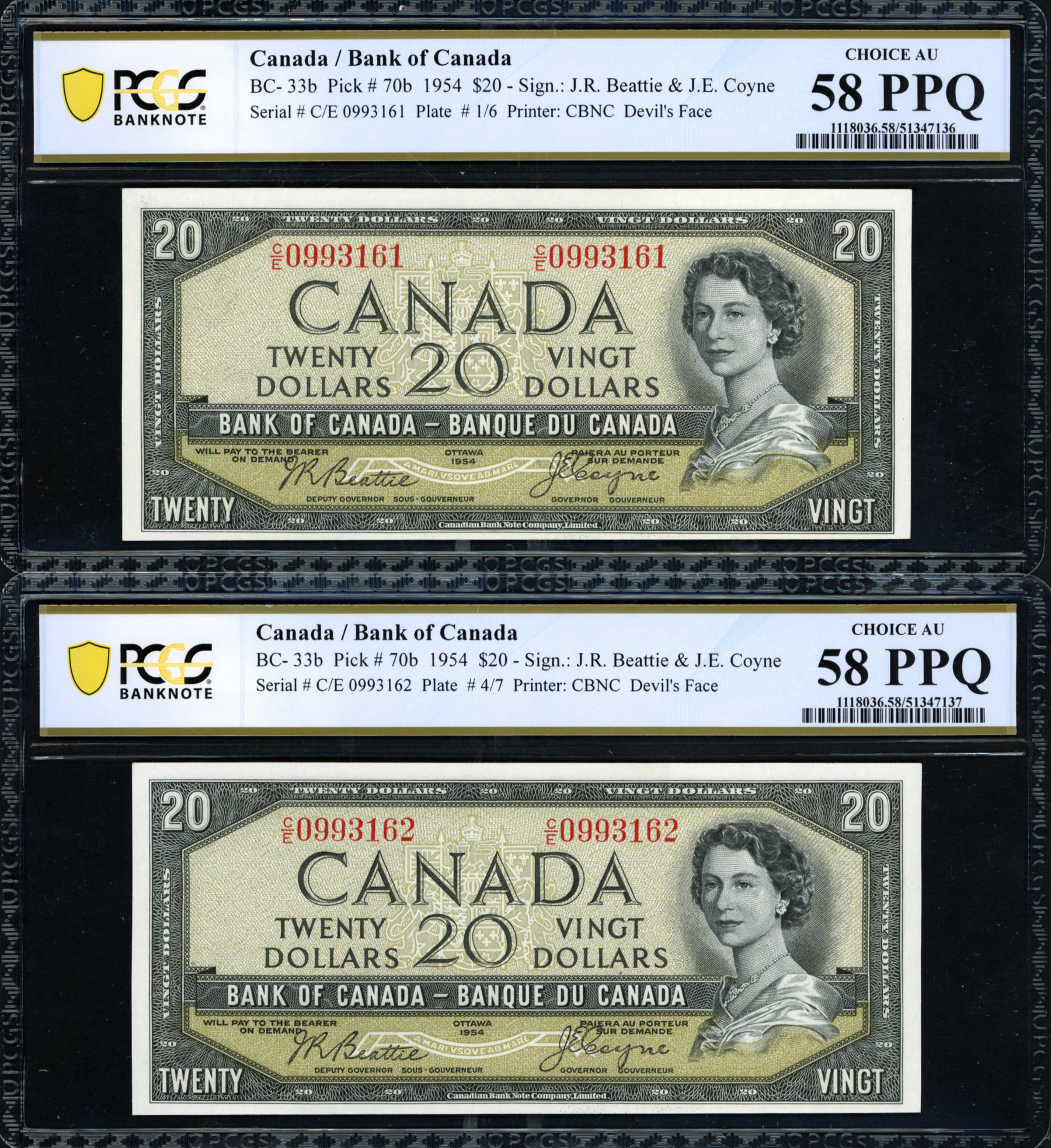Canada 1954 $20 Bank of Canada Notes Devil's Face Sequential Serial ...