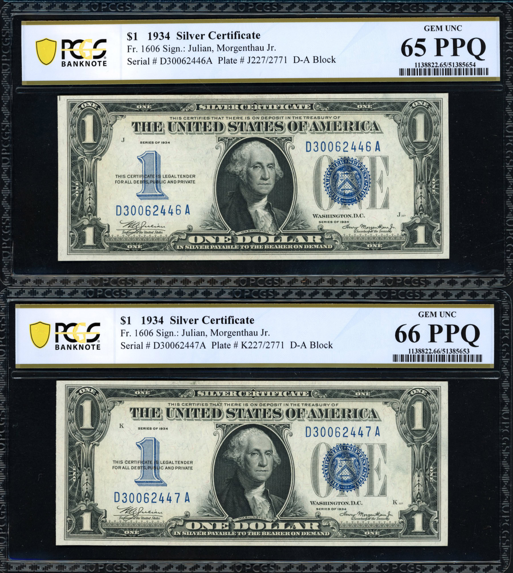 Fr. 1606 (DA Block) 1934 $1 Silver Certificate Notes Sequential Serial ...