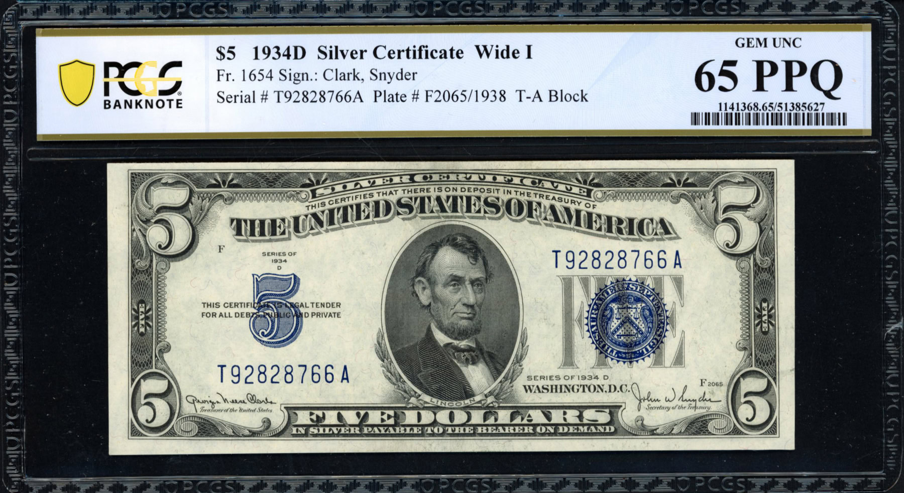 Fr. 1654Wi Wide I (TA Block) 1934D $5 Silver Certificate Note Clark ...