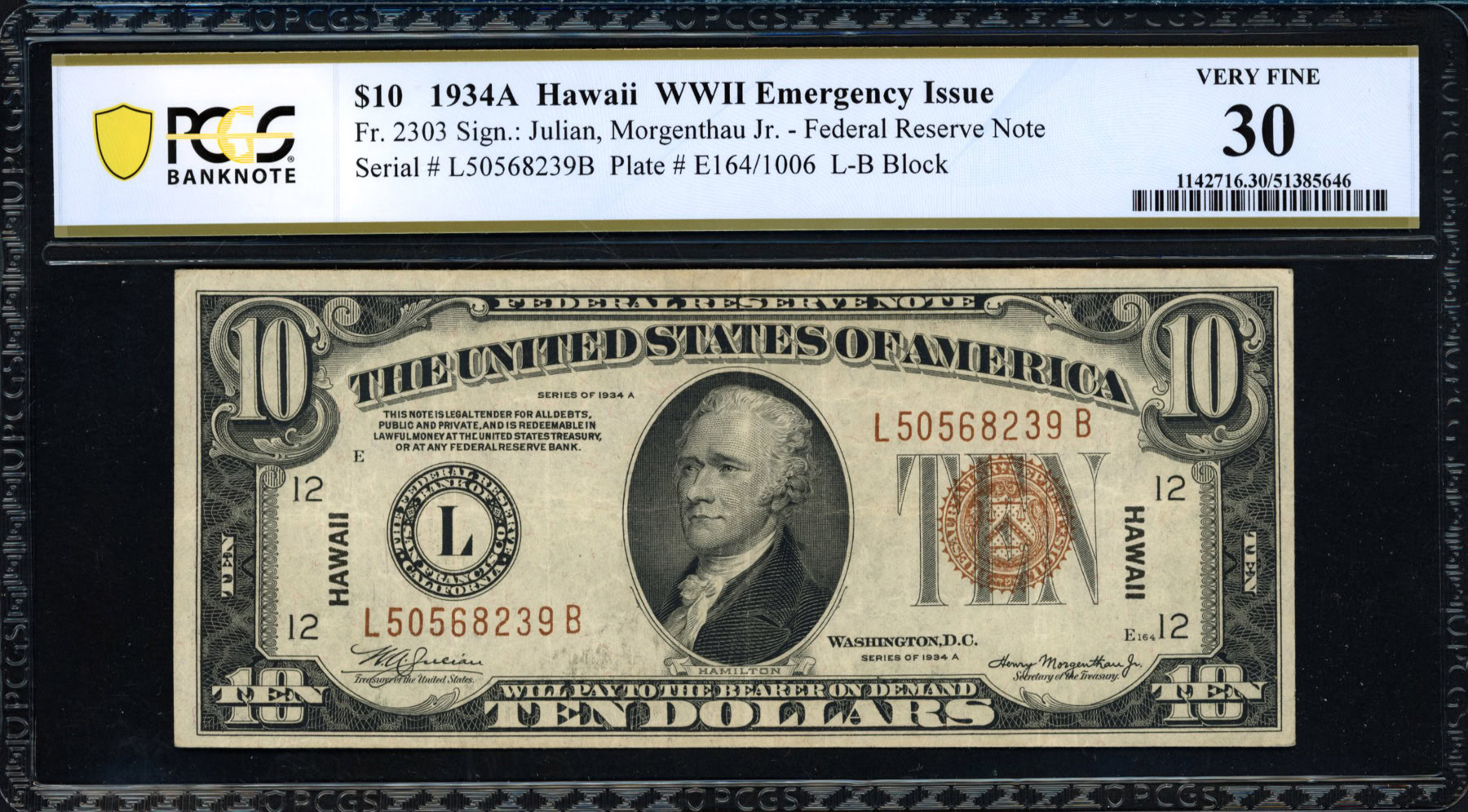 Fr. 2303 (LB Block) 1934A $10 Hawaii WWII Emergency Issue Note Julian ...