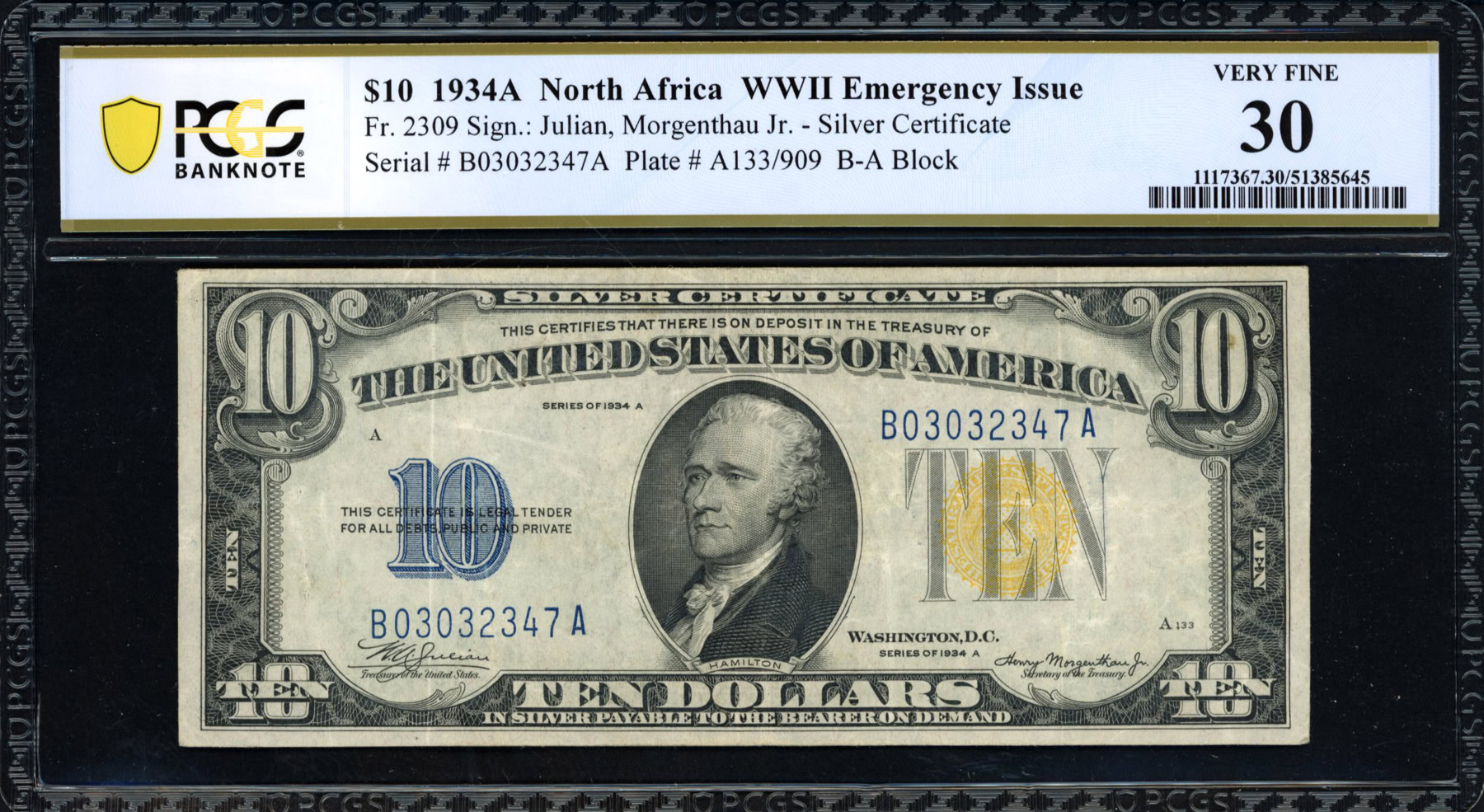 Fr. 2309 (BA Block) 1934A $10 N. Africa WWII Emergency Issue Note ...