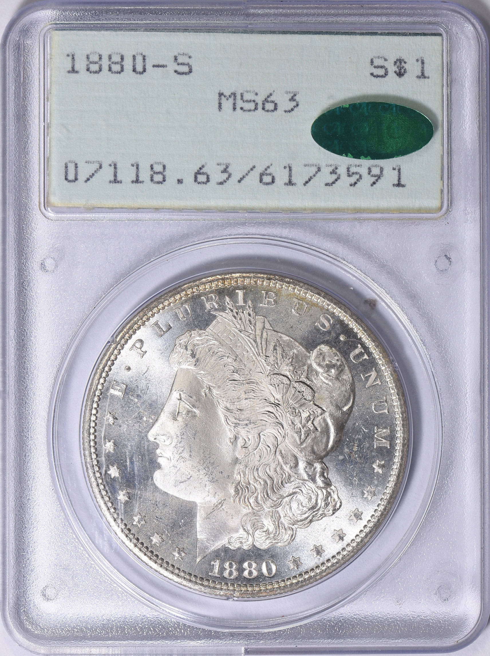 1880-S Morgan Silver Dollar PCGS MS-63 (CAC Green) OGH (1st Gen) (Item 1780352 ...