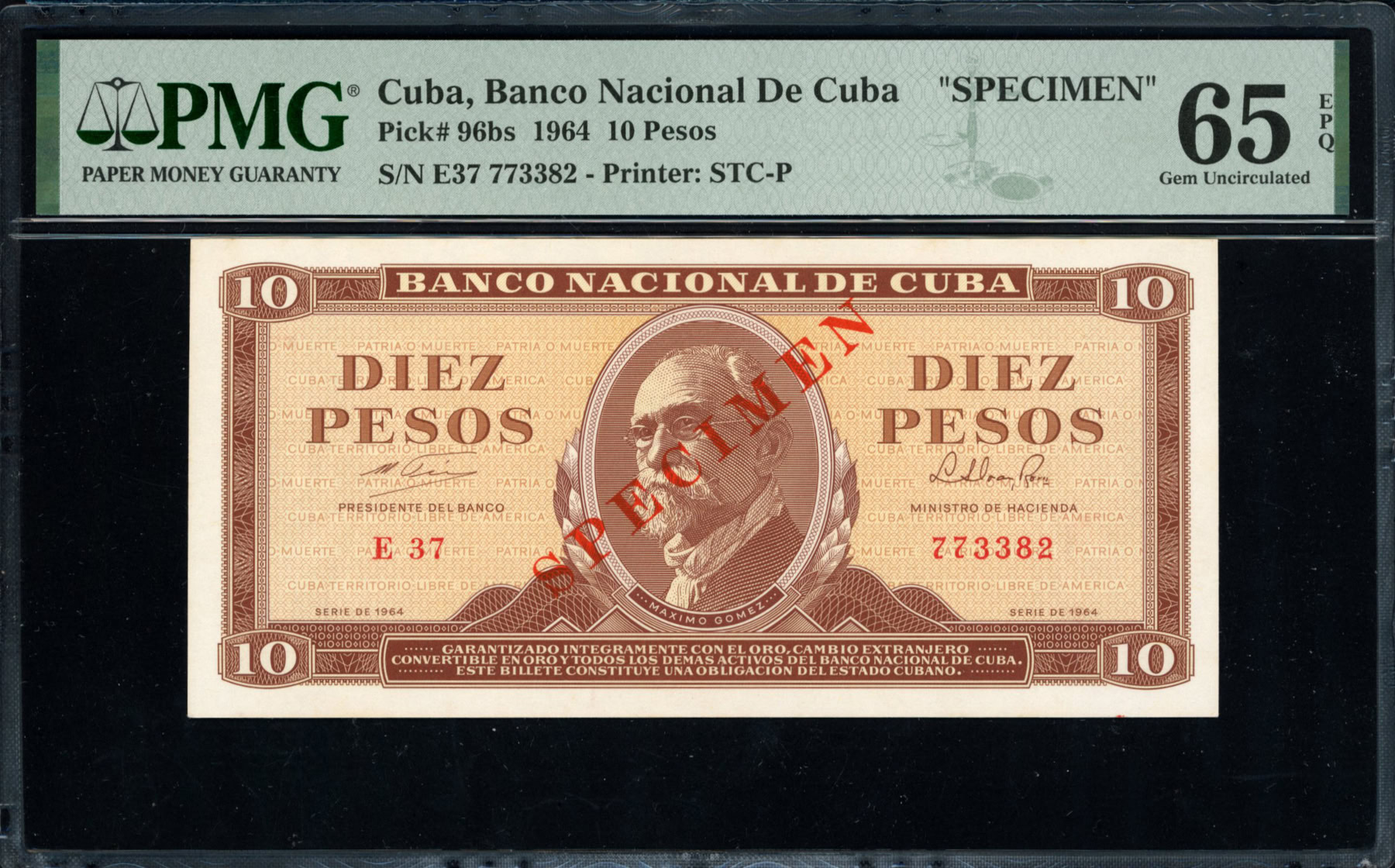 Cuba 1964 10 Pesos Banco Nacional de Cuba Specimen Note SCWPM-96bs PMG ...