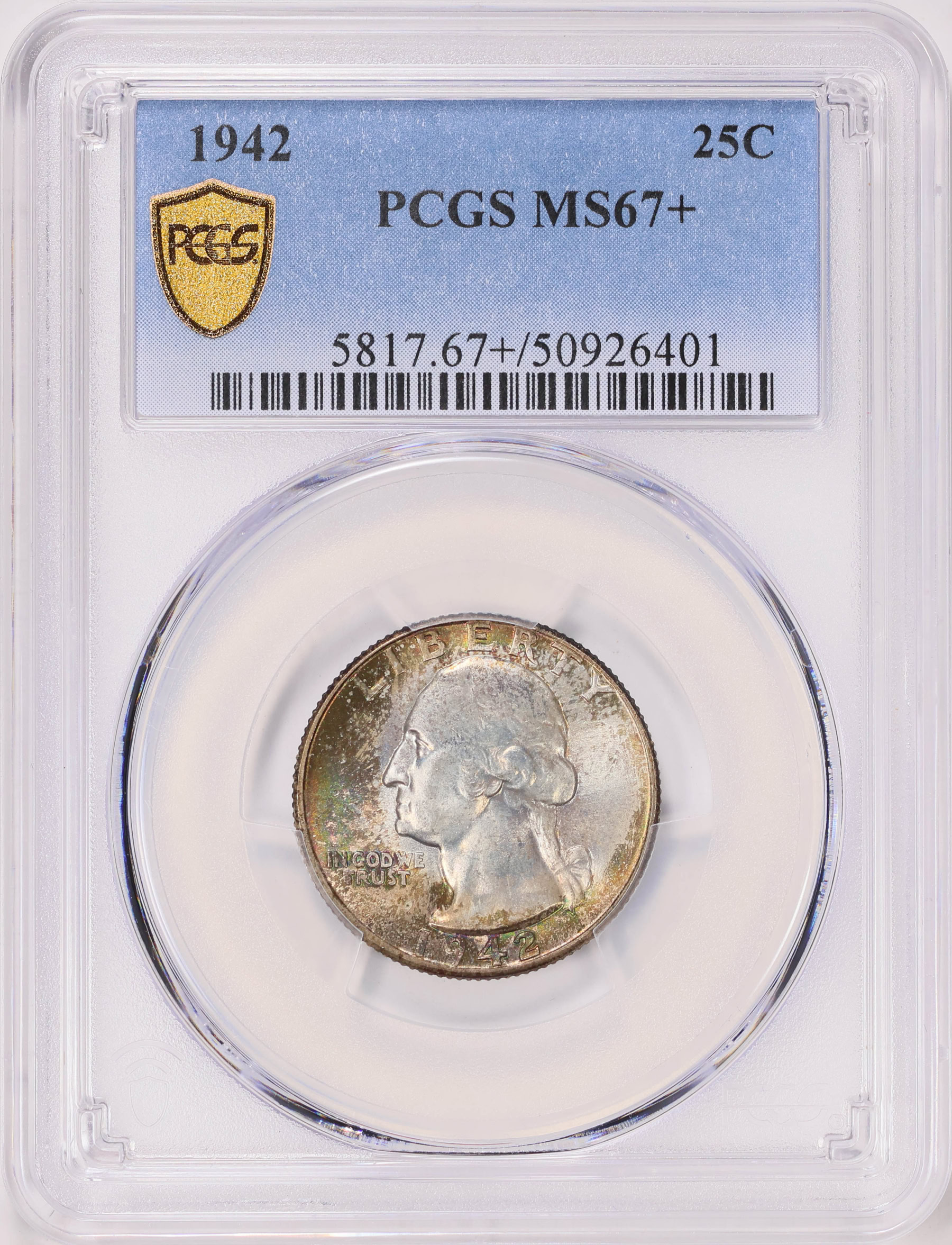 1942 Washington Quarter PCGS MS-67+ (Toned) (Item 1780427) | GreatCollections Coin Auctions