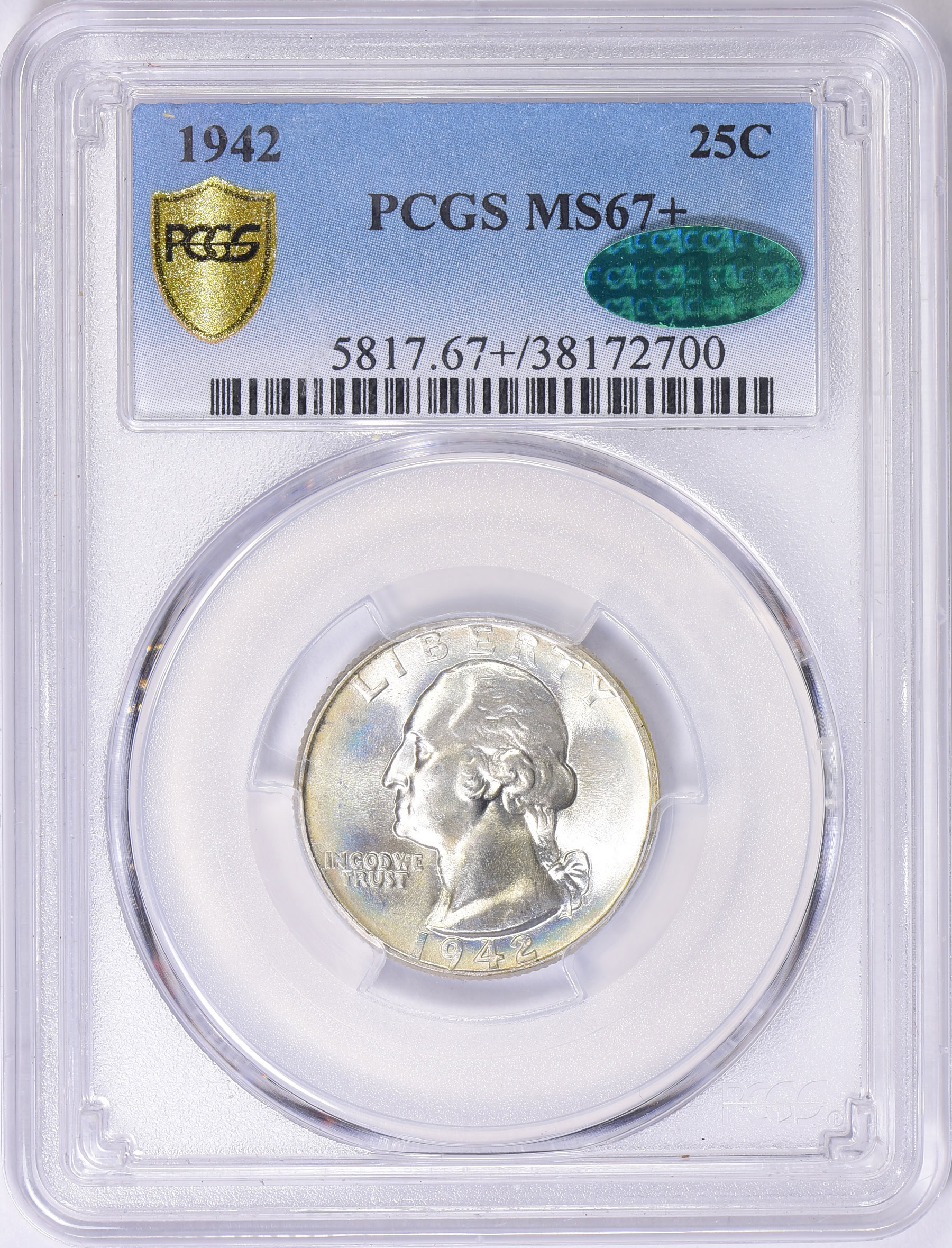 1942 Washington Quarter PCGS MS-67+ (CAC Green) (Toned) (Item 1780428) | GreatCollections Coin ...