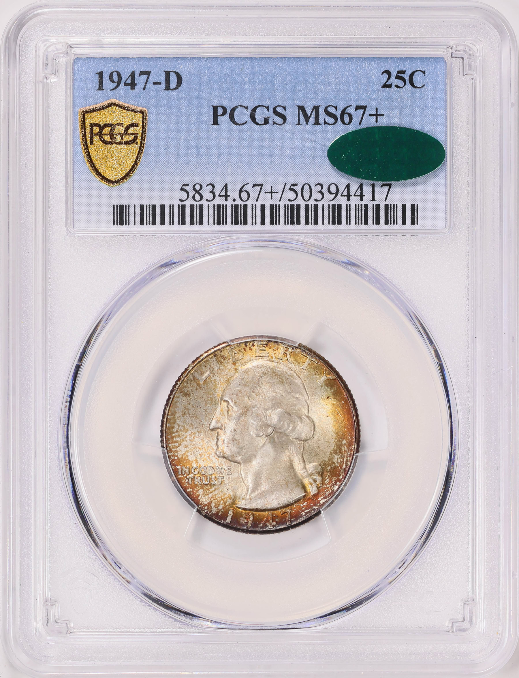 1947-D Washington Quarter PCGS MS-67+ (CAC Green) (Toned) (Item 1780432) | GreatCollections Coin ...