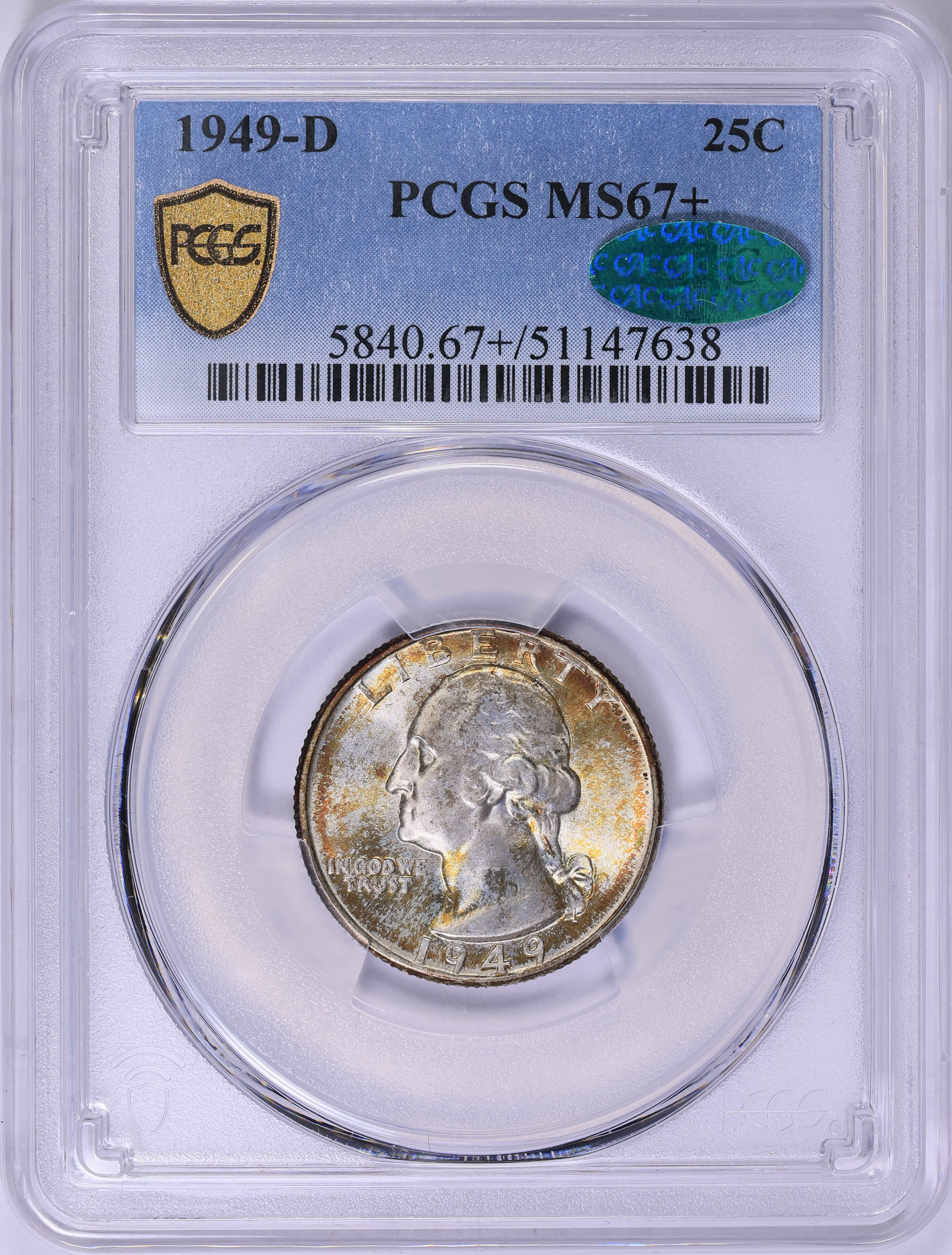 1949-D Washington Quarter PCGS MS-67+ (CAC Green) (Toned) (Item 1780446) | GreatCollections Coin ...