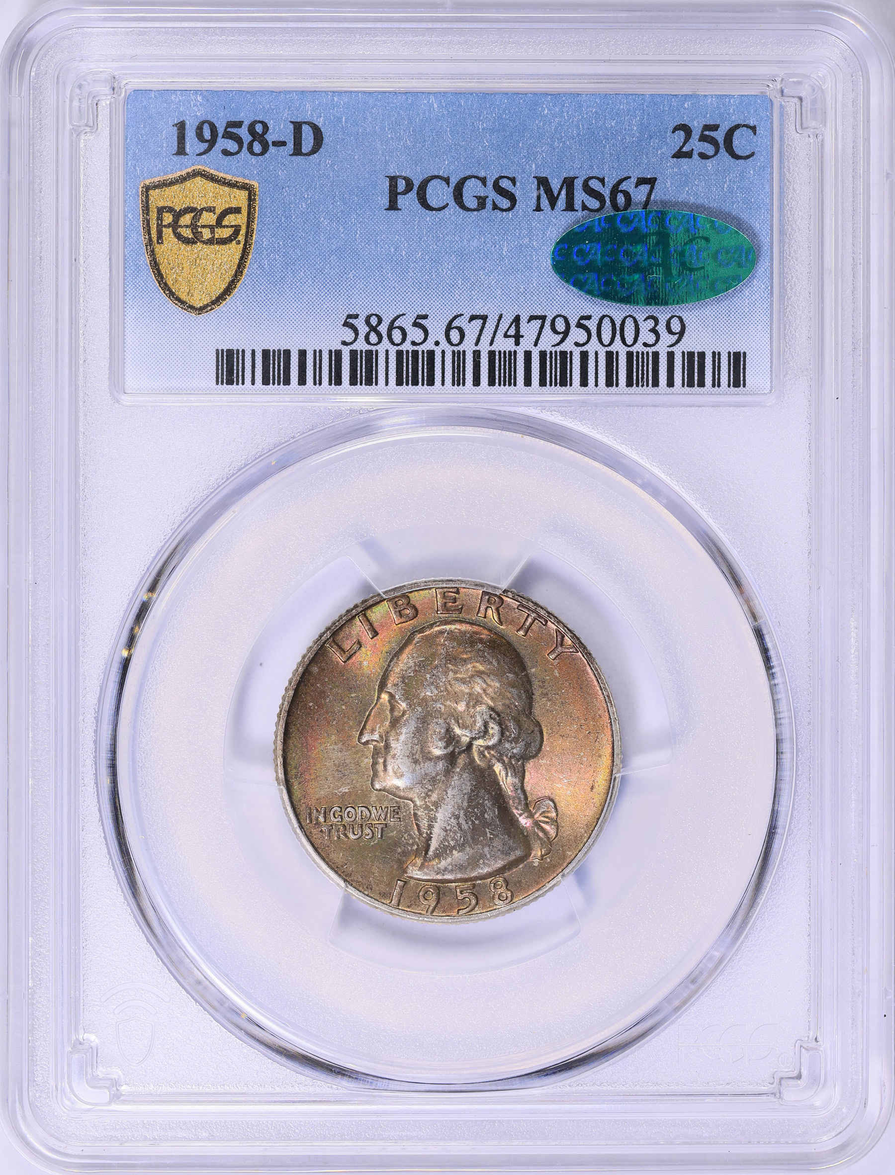 1958-D Washington Quarter PCGS MS-67 (CAC Green) (Toned) (Item 1780452) | GreatCollections Coin ...