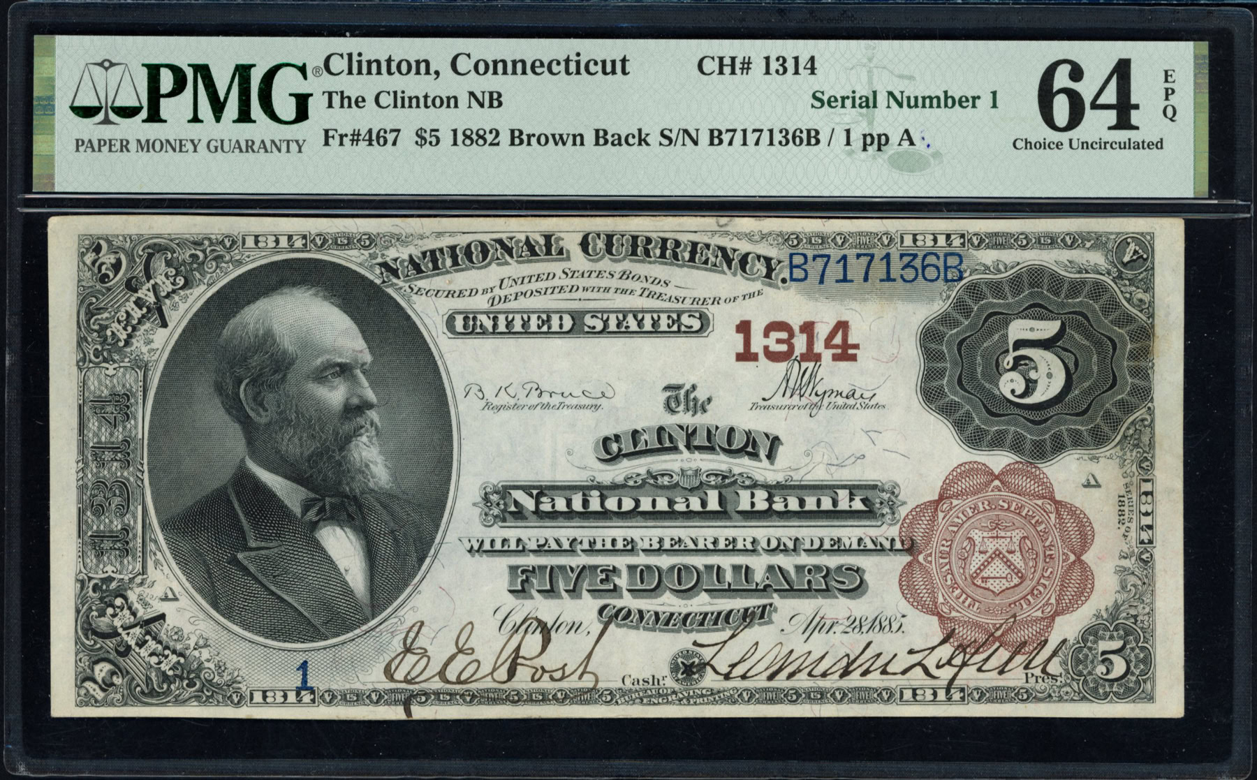 Fr. 467 Clinton, Connecticut 1882 The Clinton National Bank $5 Brown ...