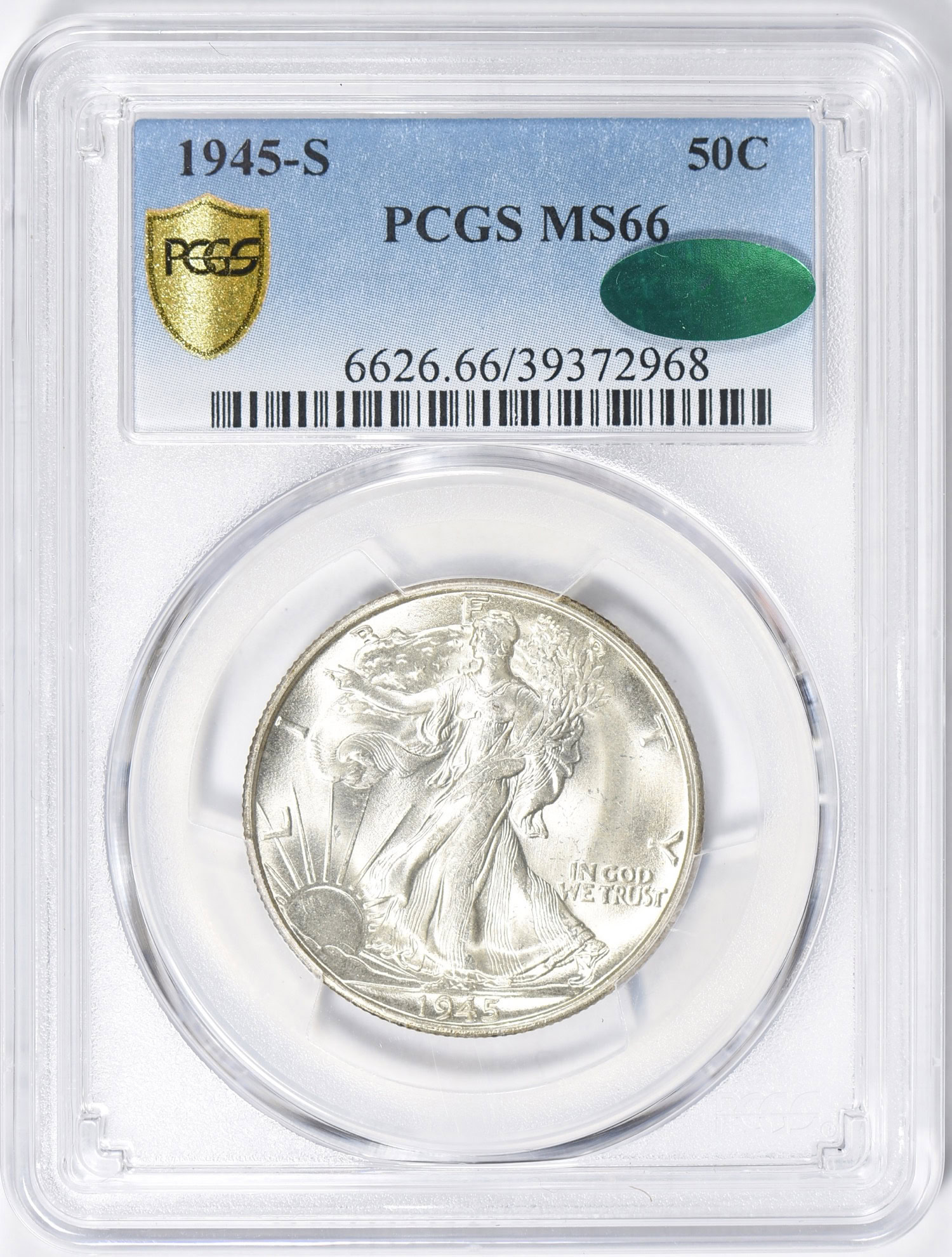 1945-S Walking Liberty Half Dollar PCGS MS-66 (CAC Green) (Item 1780508) | GreatCollections Coin ...