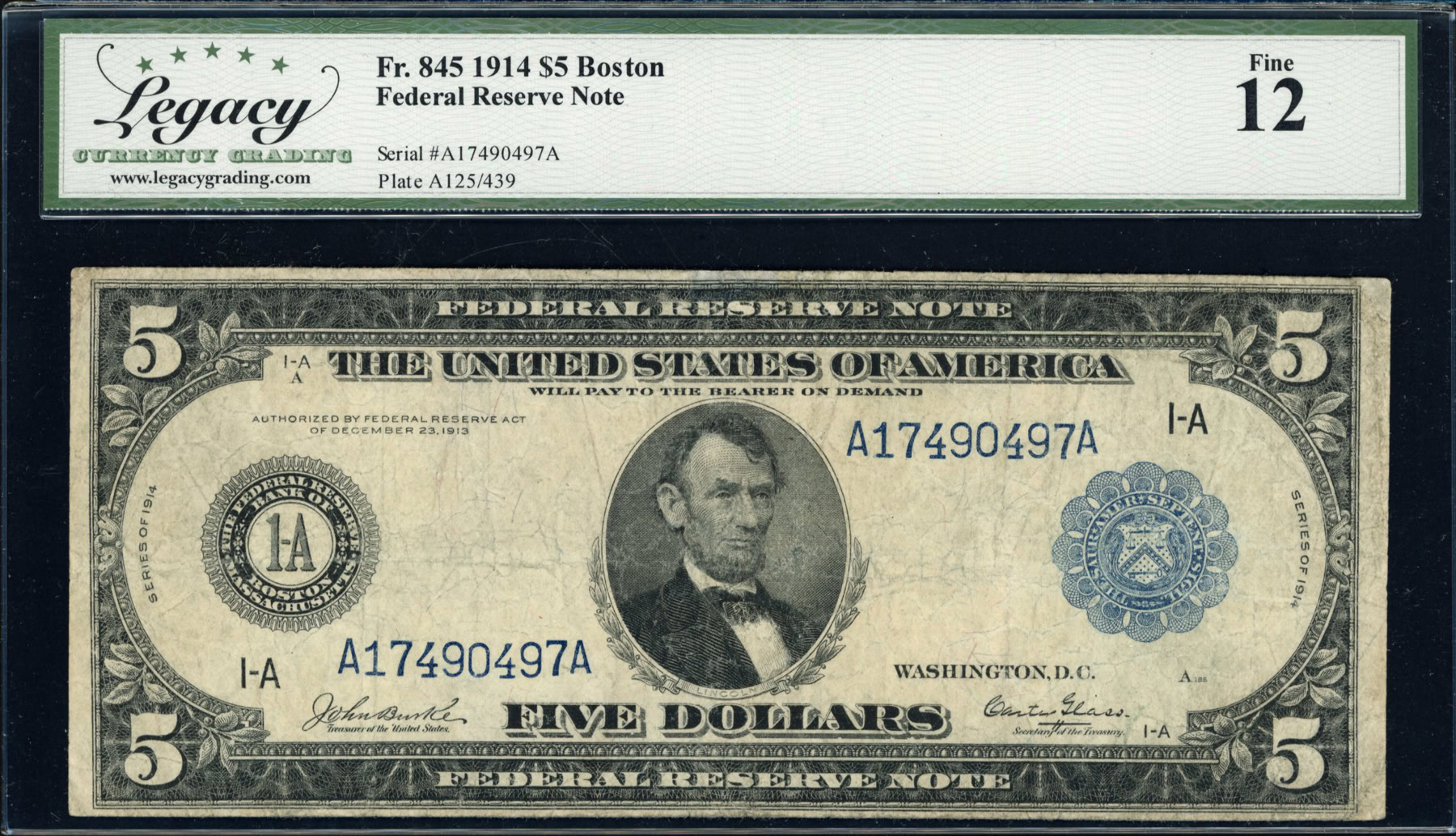Fr. 845 1914 $5 Boston Federal Reserve Note Burke / Glass Legacy Fine ...