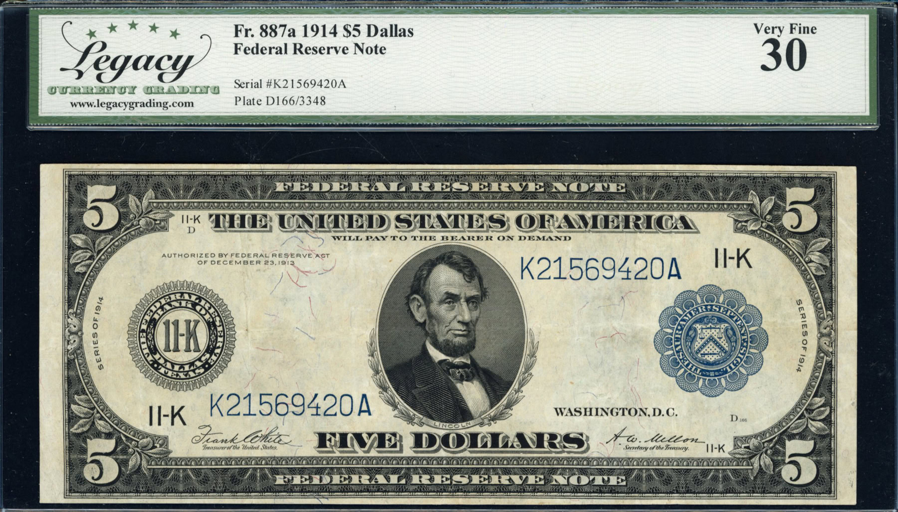 Fr. 887a 1914 $5 Dallas Federal Reserve Note White / Mellon Legacy Very ...