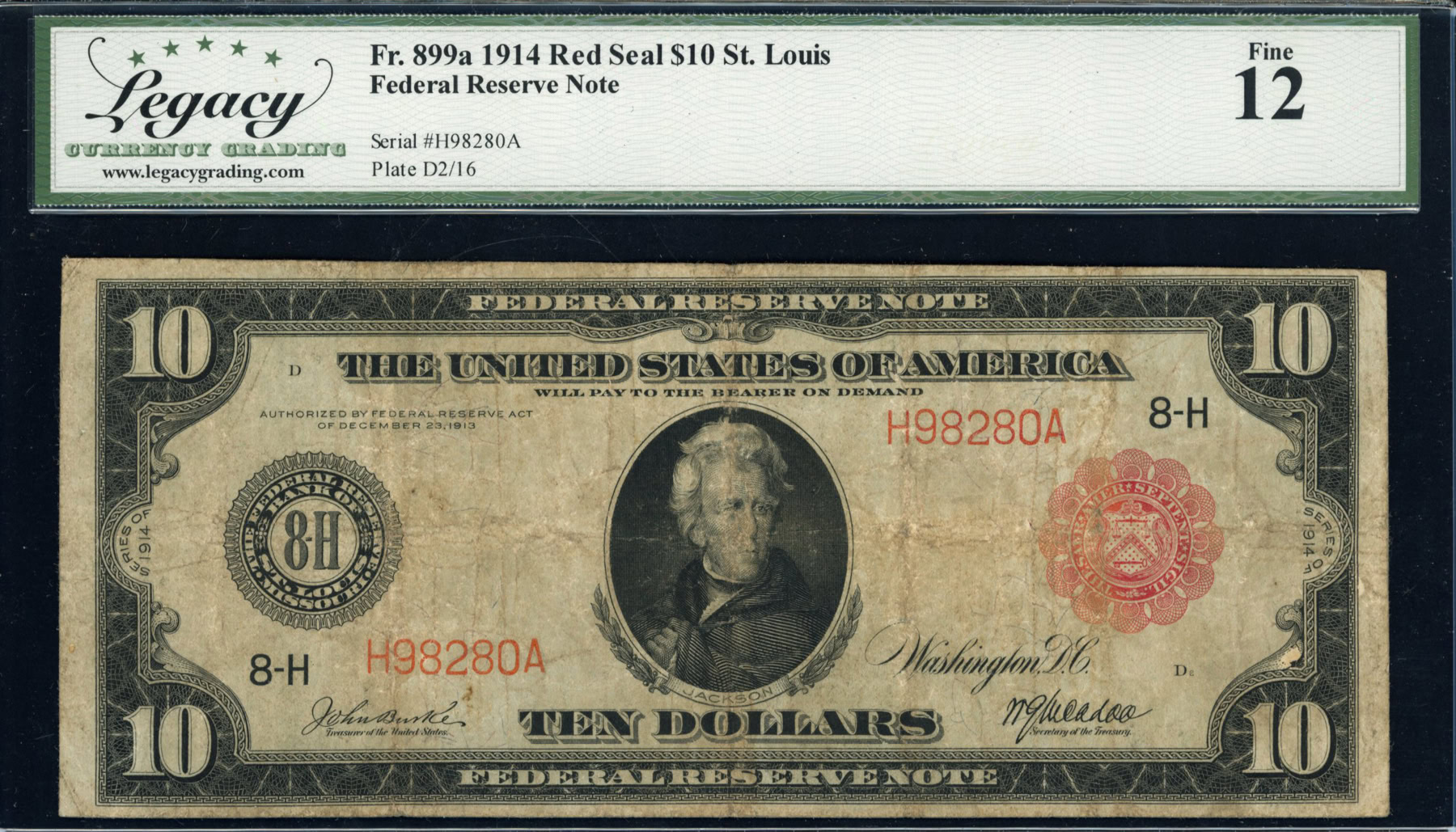 Fr. 899a 1914 $10 St. Louis Federal Reserve Note Burke / McAdoo Legacy ...