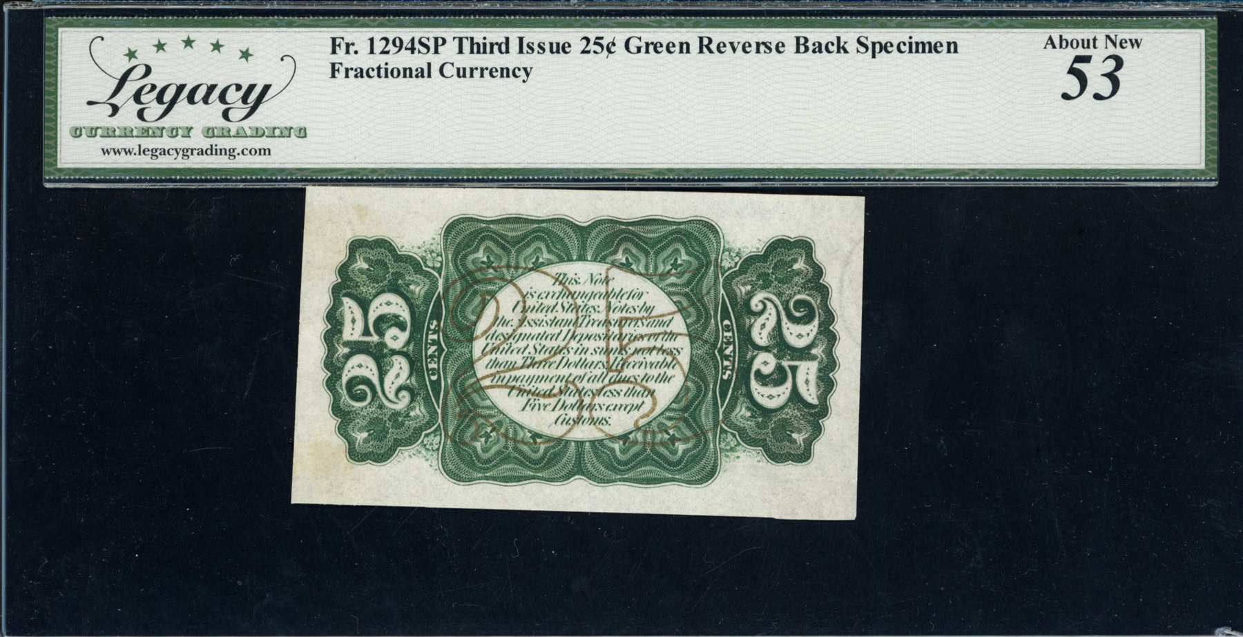 Fr. 1294spwmb Third Issue 25 Cents Fractional Currency Green Back Only ...