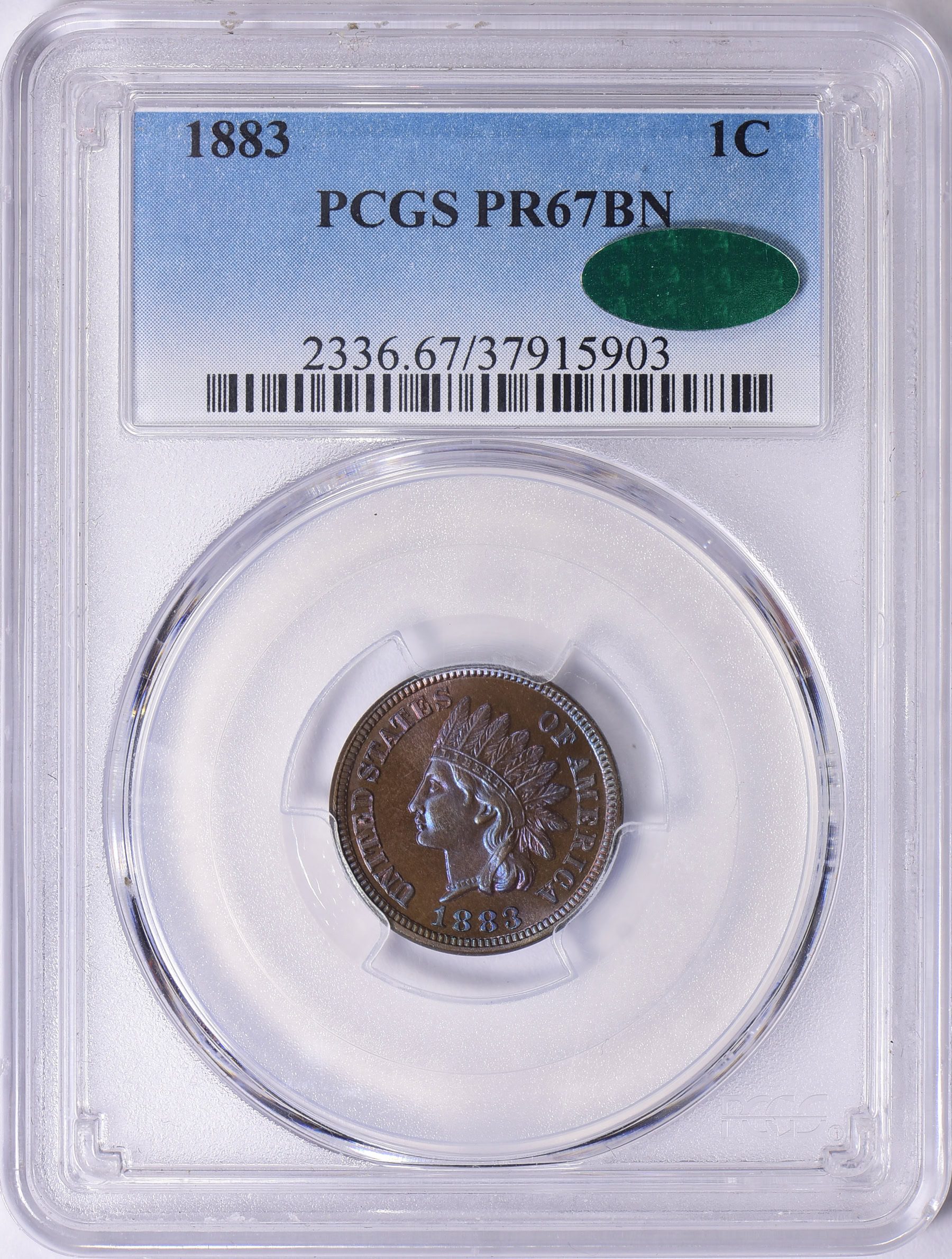 1883 Indian Cent PCGS Proof-67 BN (CAC Green) (Toned) (Item 1780610) | GreatCollections Coin ...