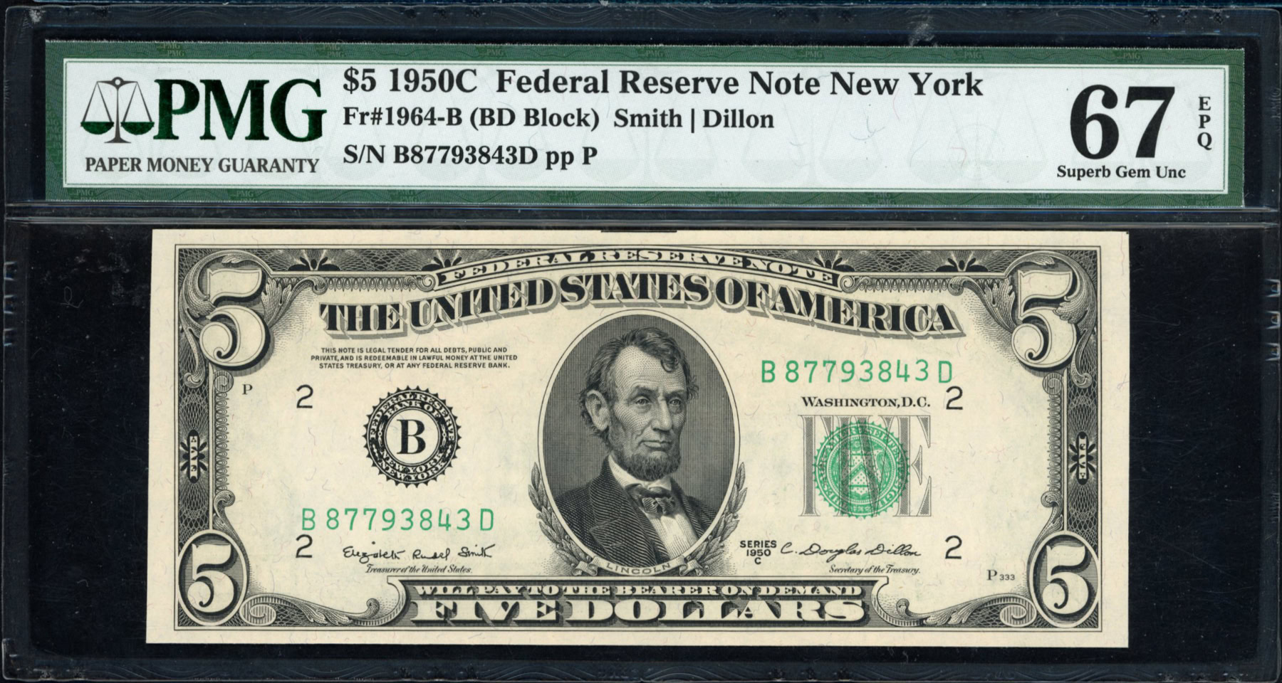 Fr. 1964-B (BD Block) 1950C $5 New York Federal Reserve Note Smith ...
