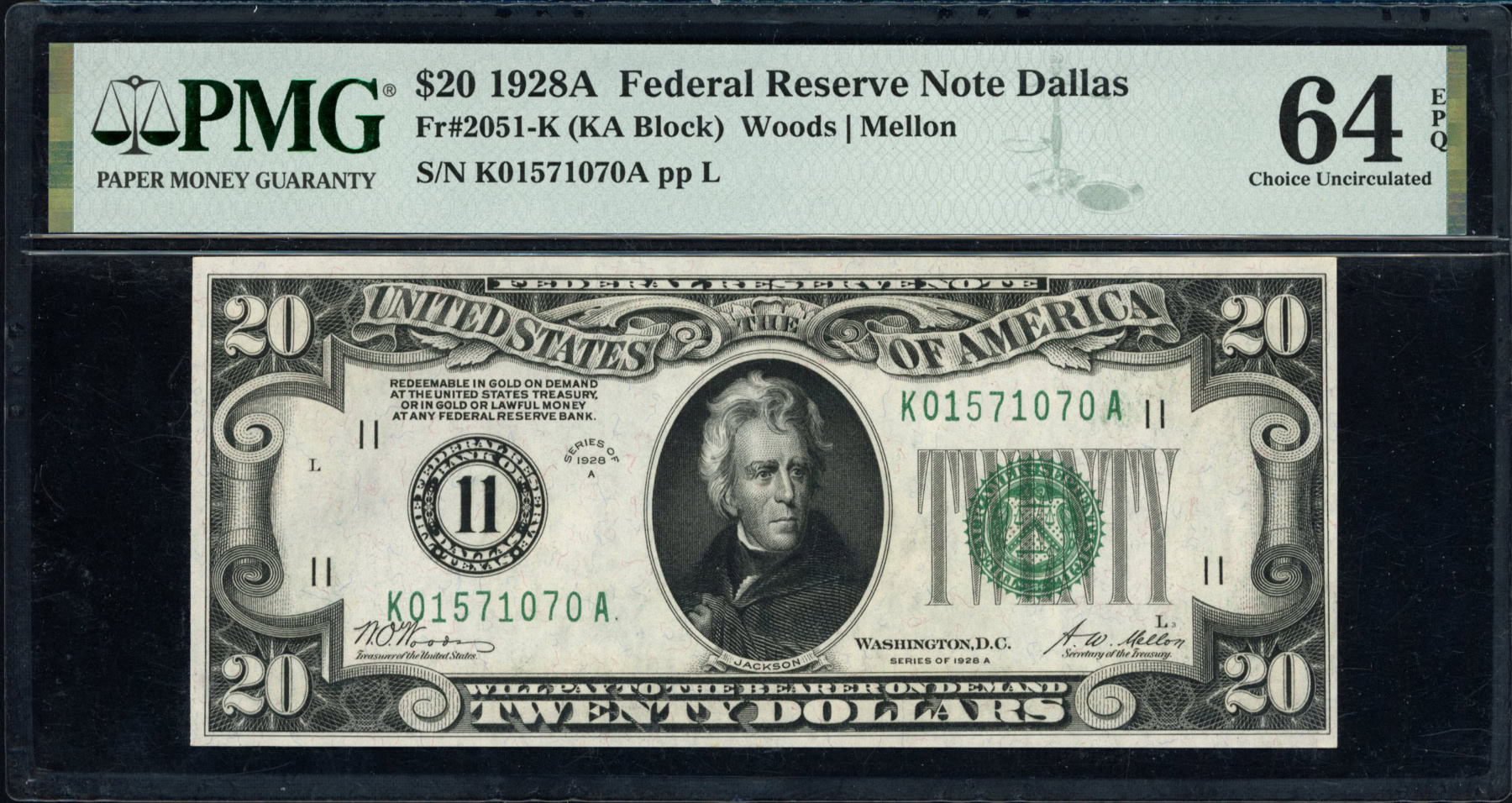 Fr. 2051-K (KA Block) 1928A $20 Dallas Federal Reserve Note Woods ...