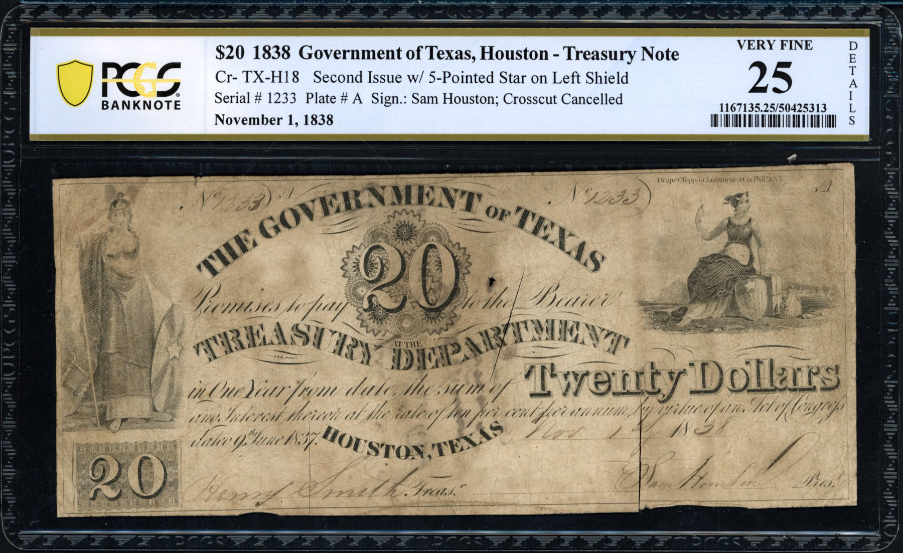 Nov. 1, 1838 Houston, Texas Government of Texas $20 Note PCGS Banknote ...