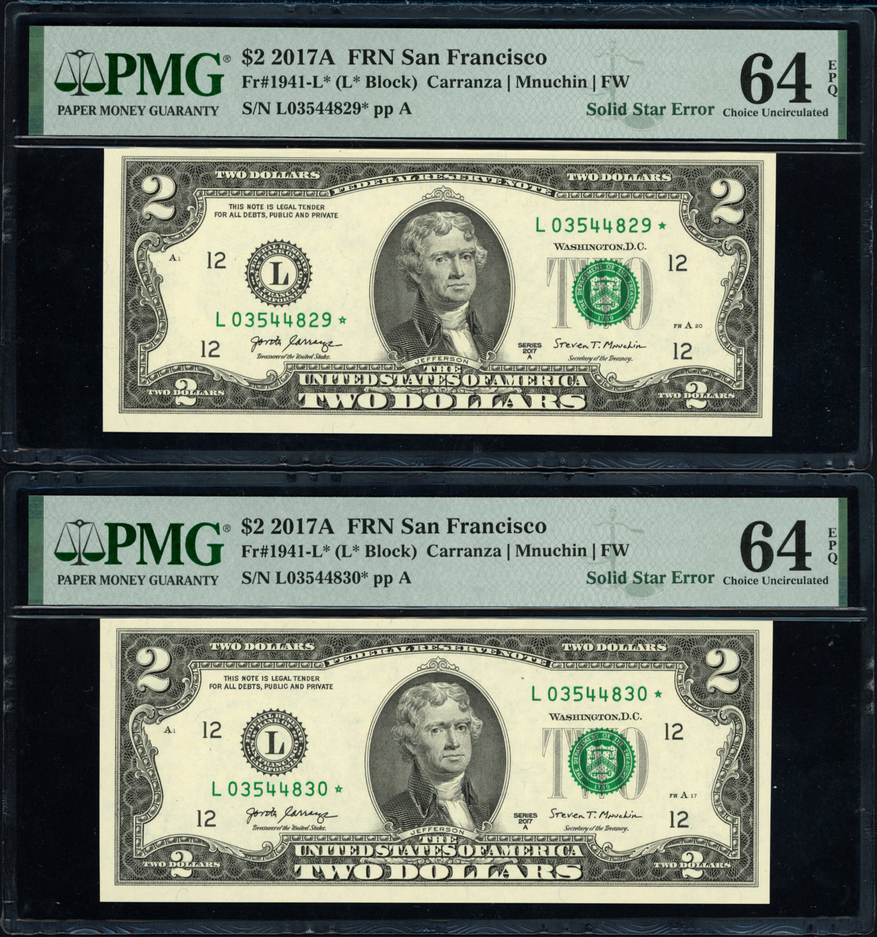 Fr. 1941-L* (L* Block) 2017A $2 San Francisco Federal Reserve Error ...