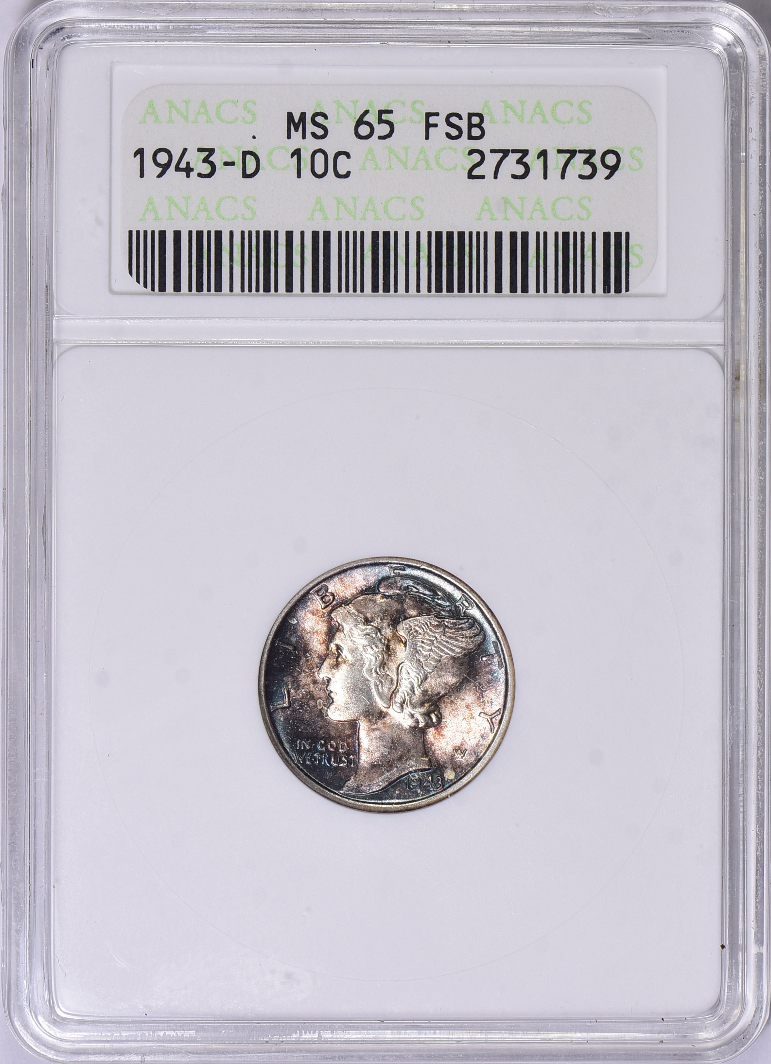 1943-D Mercury Dime ANACS MS-65 FB OH (Toned) (Item 1780698) | GreatCollections Coin Auctions
